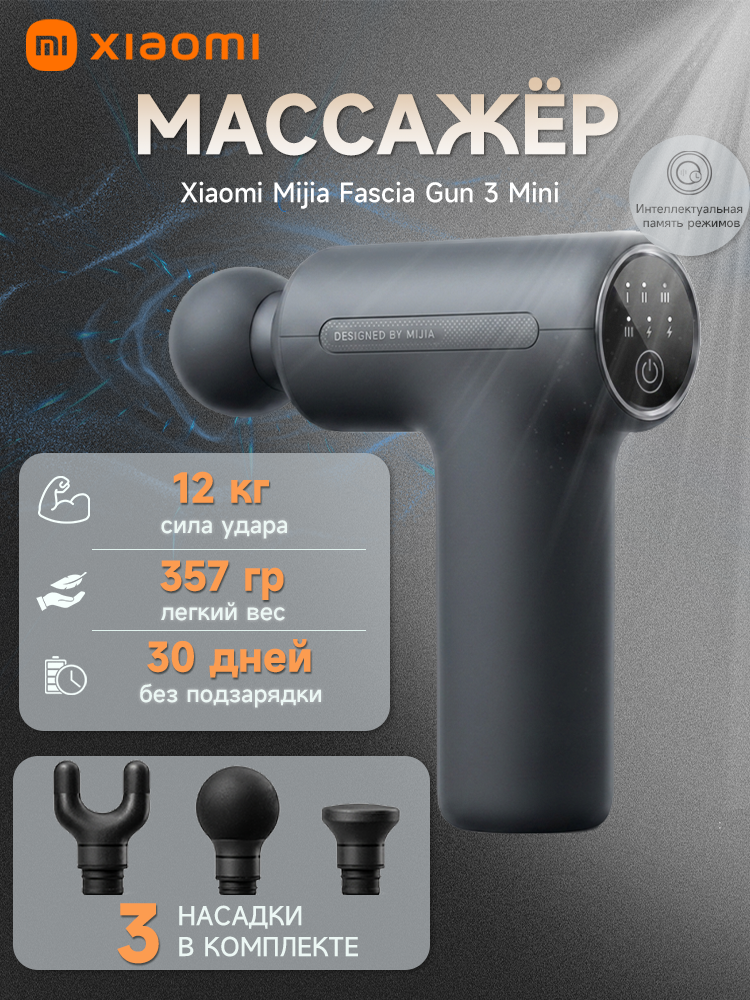 Перкуссионный массажер Xiaomi Mini 3 MJJMQ07YM, Массажер для шеи и плеч, темно серый