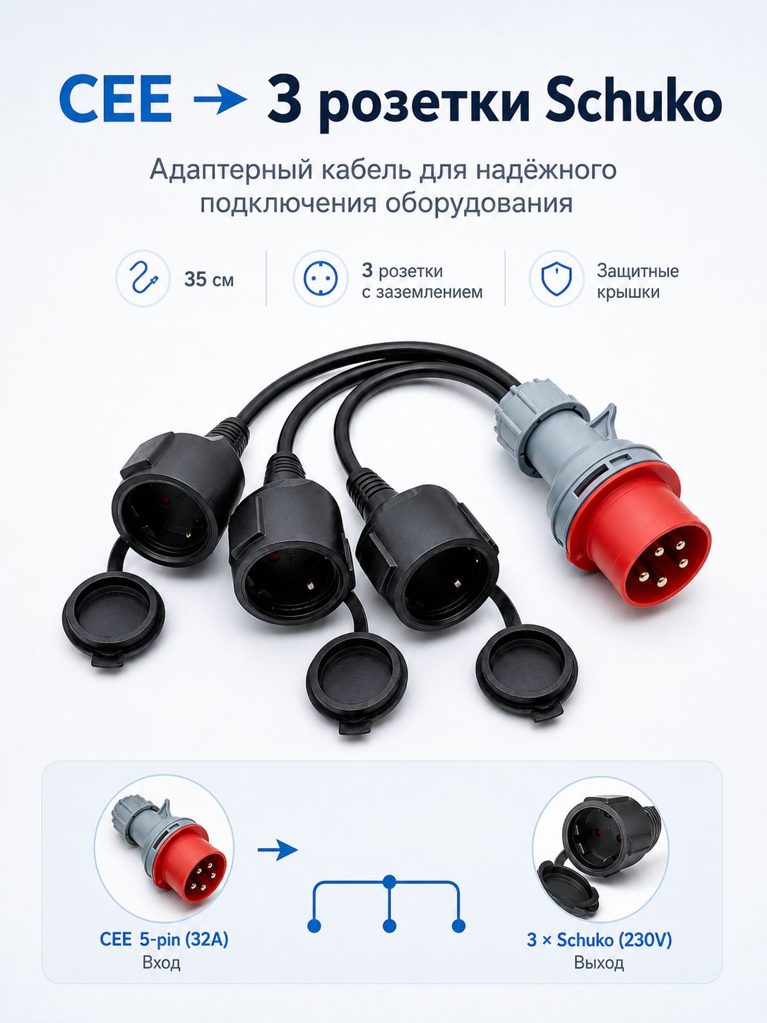 Адаптер-разветвитель CEE 5P на 3 розетки Schuko, кабель 35 см, с заземлением, черный