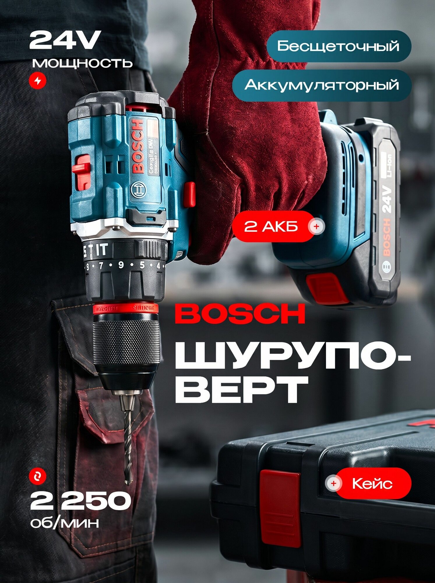 Шуруповерт аккумуляторный бесщеточный, ударный / Дрель-шуруповерт