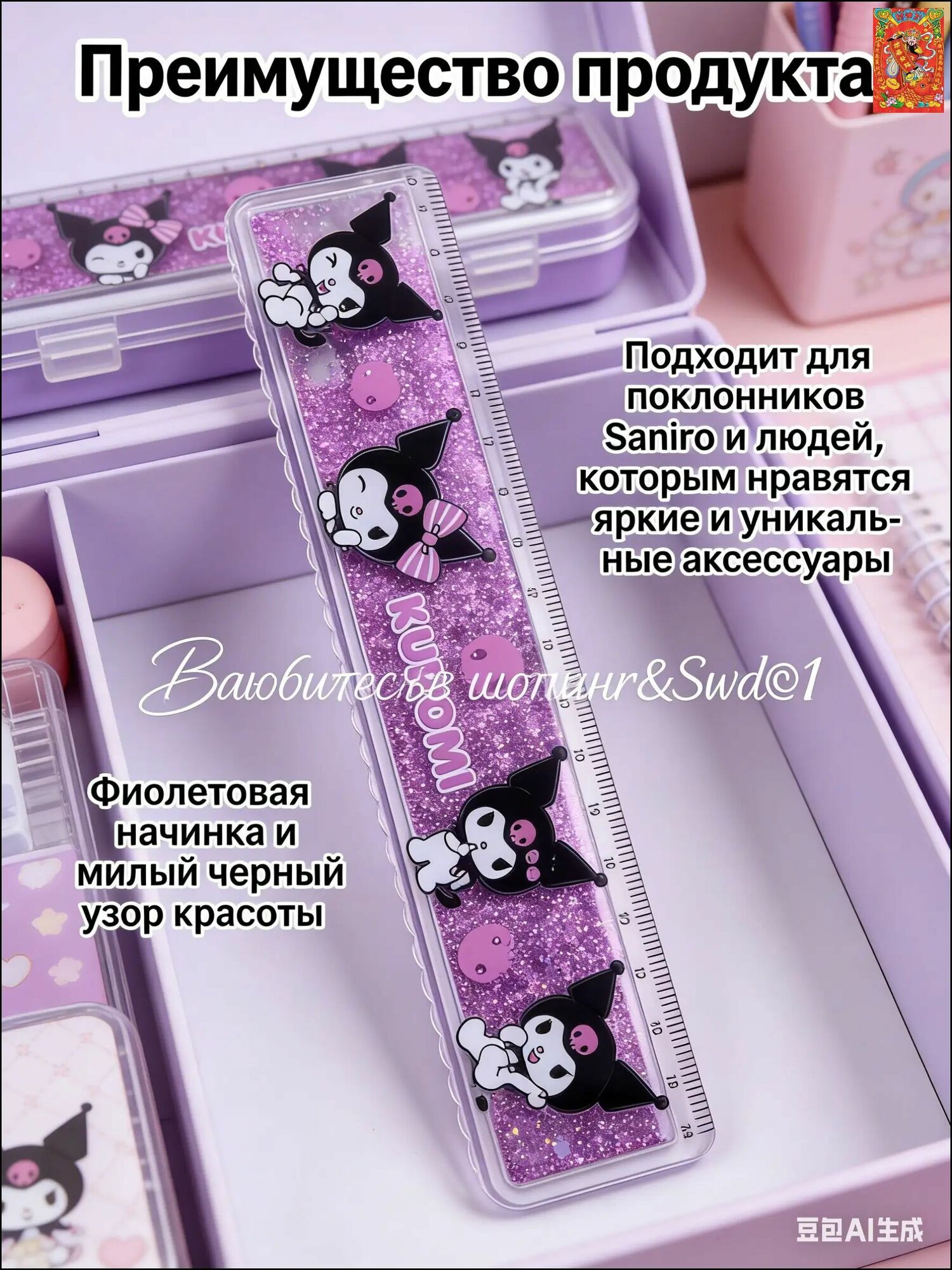 Линейка Куроми с блестками, канцелярские принадлежности для рисования и черчения, длина 20 см, фиолетовый цвет, школьные