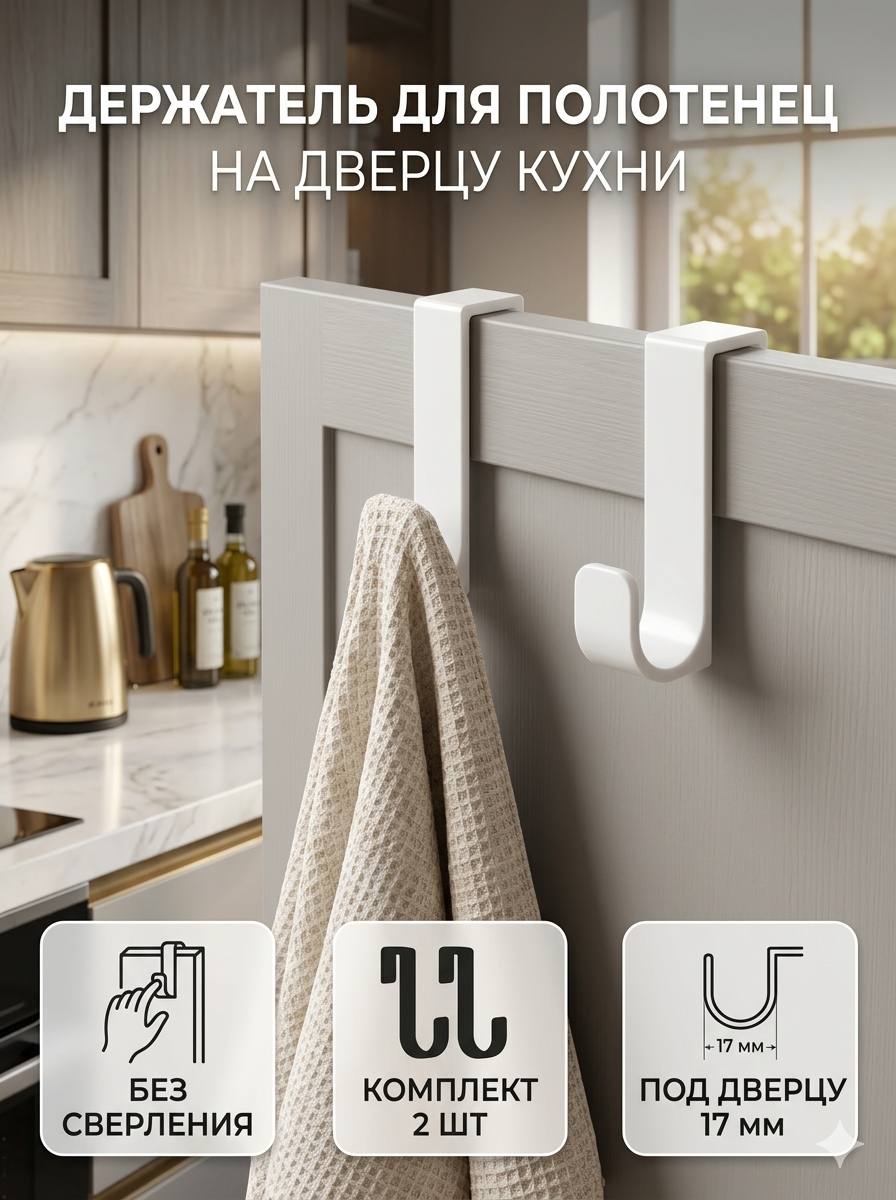 Держатель крючок для кухонных полотенец на дверцу шкафа 2 шт
