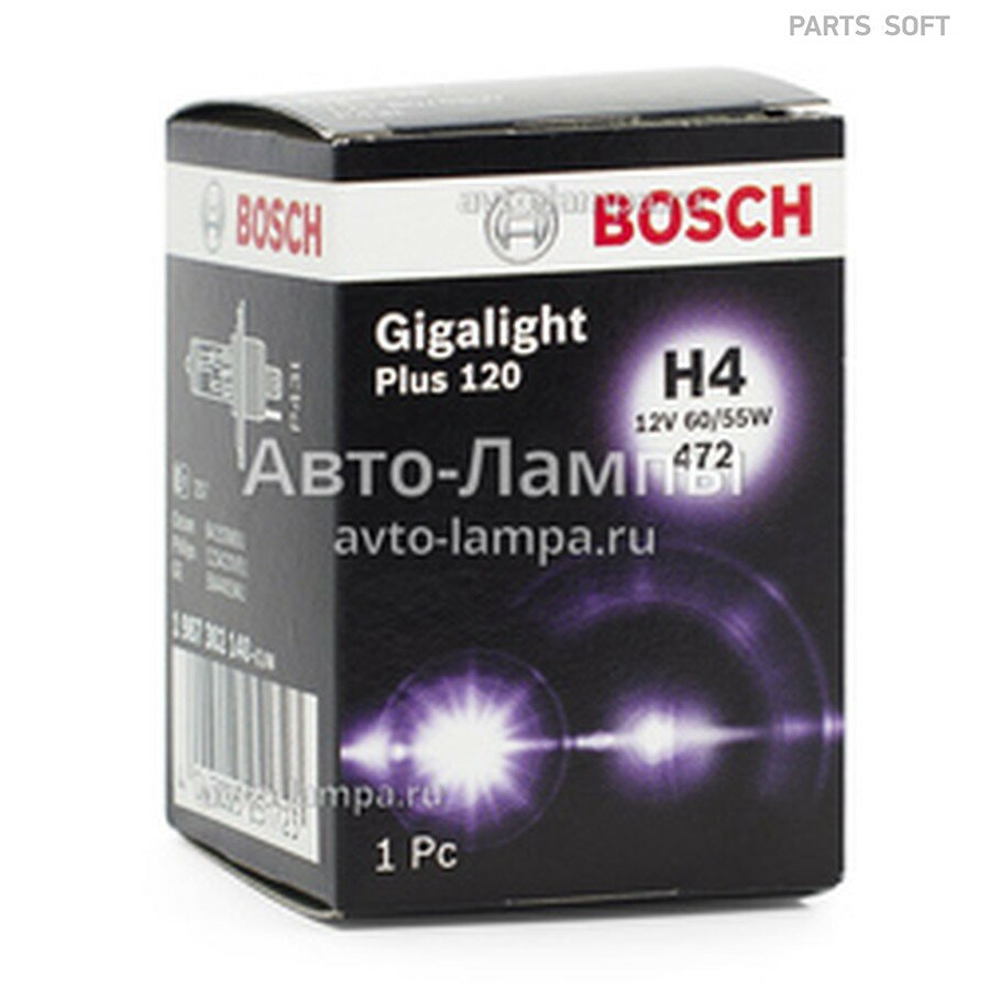 Лампа H4 12V 60/55W GIGALIGHT+120 (упаковка 2 ШТ) от официального дистрибьютора, BOSCH, артикул 1987301106