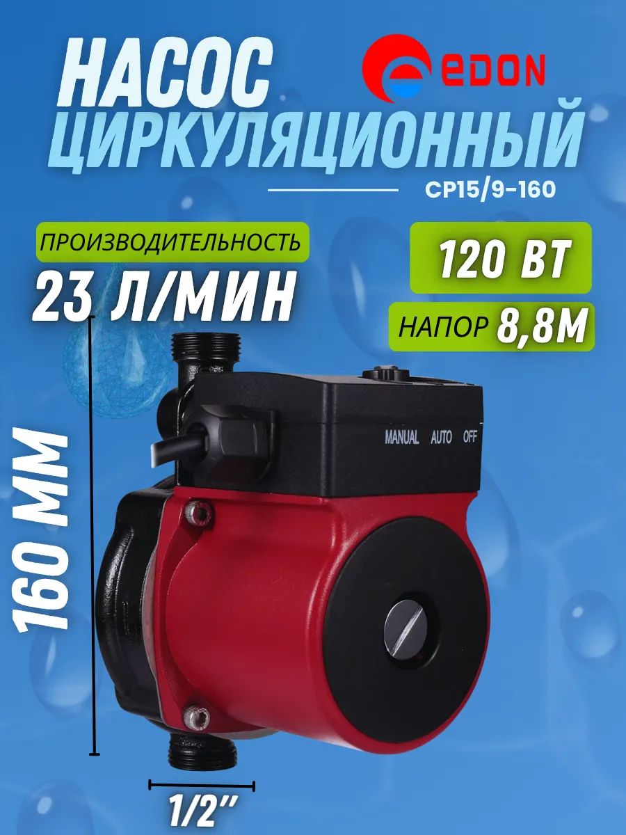 Циркуляционный насос EDON CP15/9-160 (120 Вт, напор 8.8 м, 10 Бар, чугунный корпус, 23 л/мин), насос для воды, дома дачи