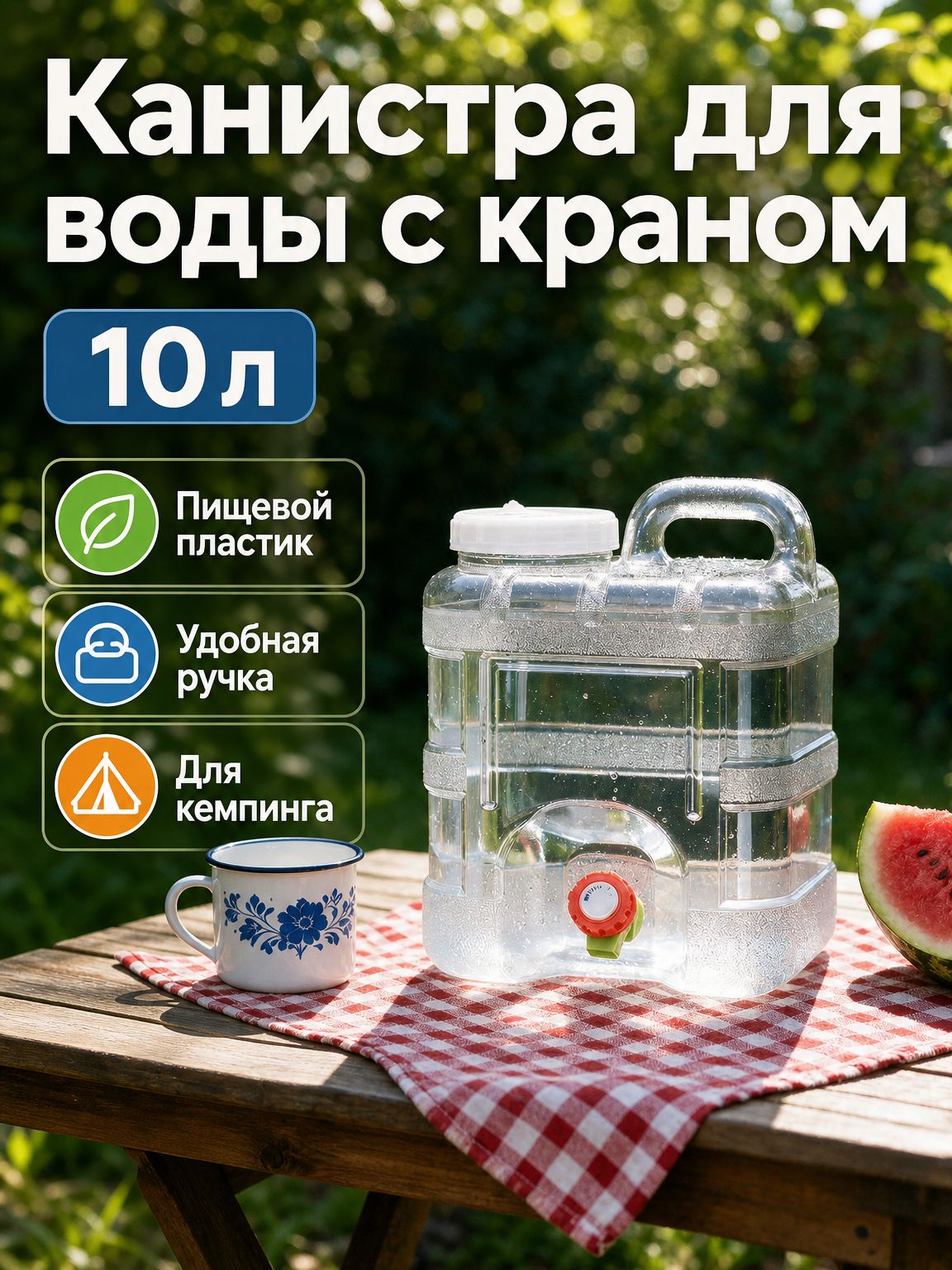 Канистра для воды 10 л из пищевого ПК с краном и аксессуарами для кемпинга и дома