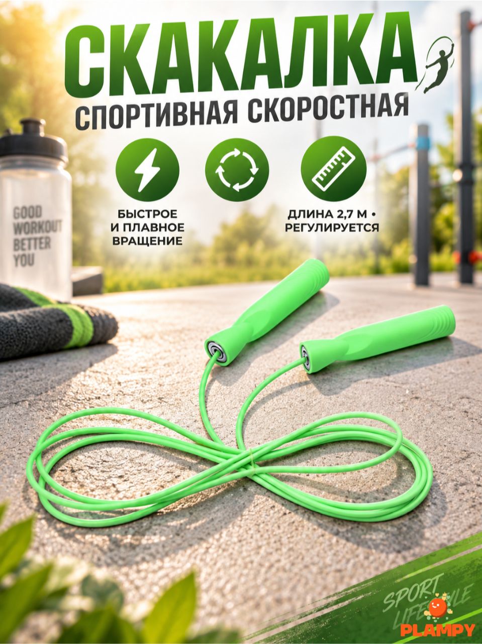 Скакалка спортивная скоростная с подшипником Plampy, 2.7 м, зеленая