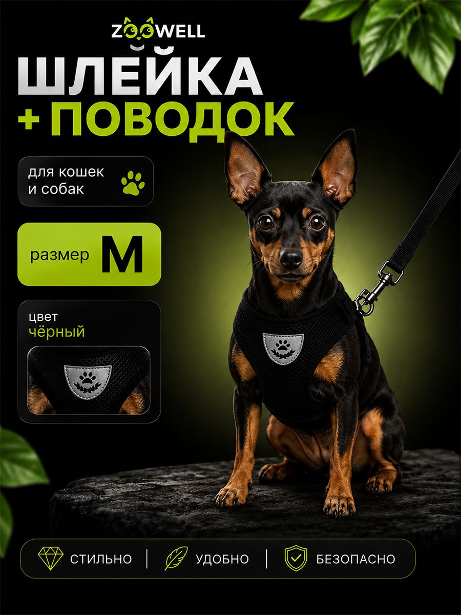 Шлейка и поводок для кошек, маленьких пород собак и хорьков ZOOWELL, набор для прогулок, черный размер M