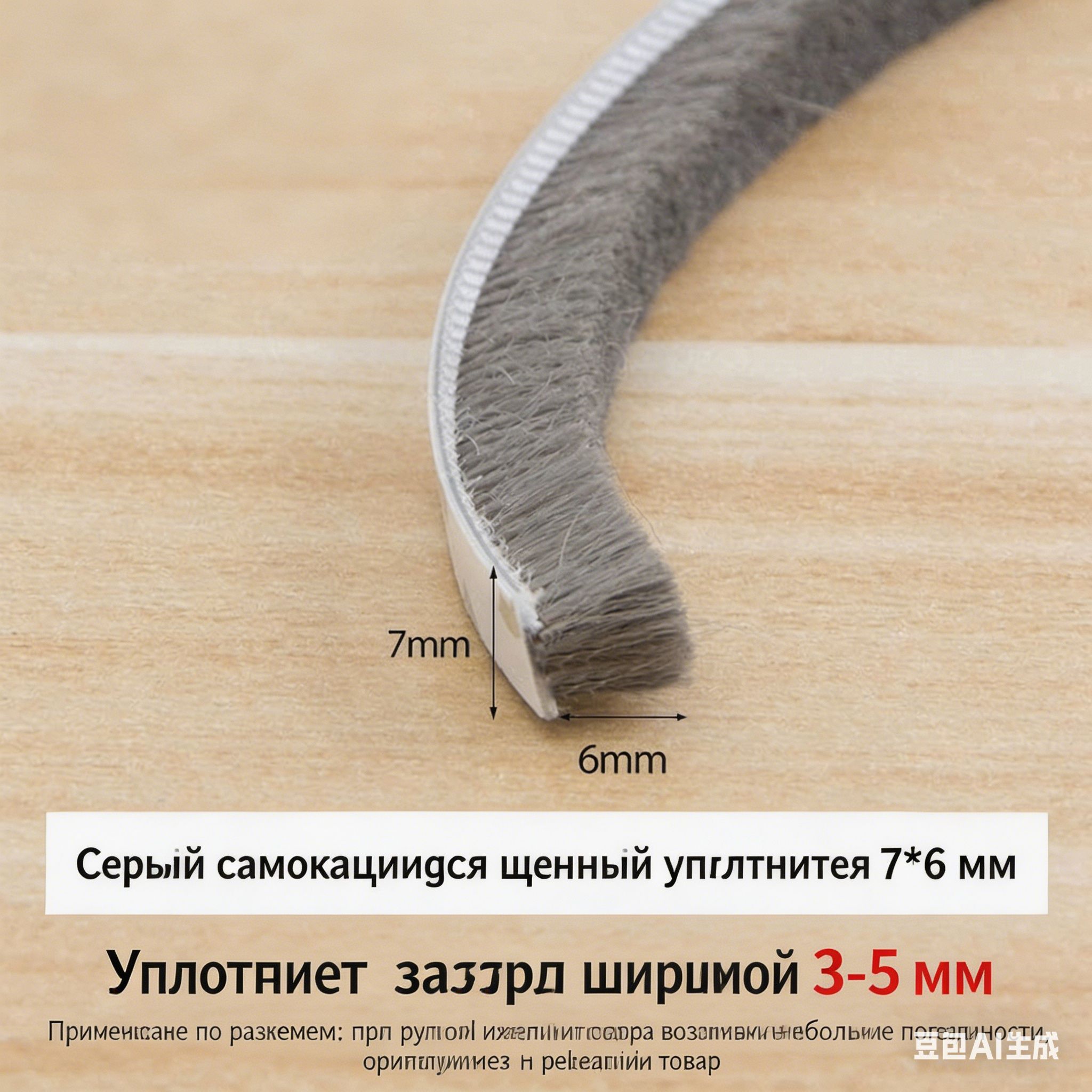 Самоклеящаяся щетка-уплотнитель 7х6 мм, 5 м, серый, для окон и дверей от сквозняка и пыли