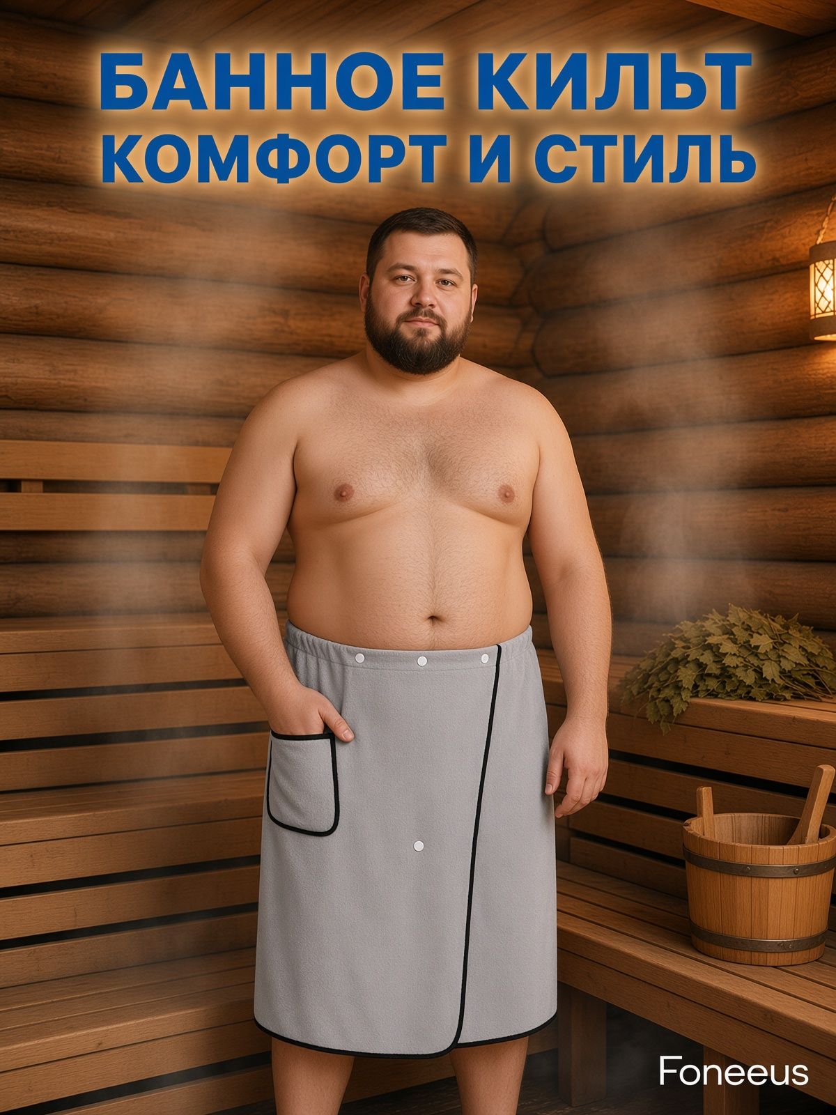 Килт для бани мужской Foneeus: банная юбка больших размеров, парео и полотенце для сауны, хаммама и душа; подарок мужу
