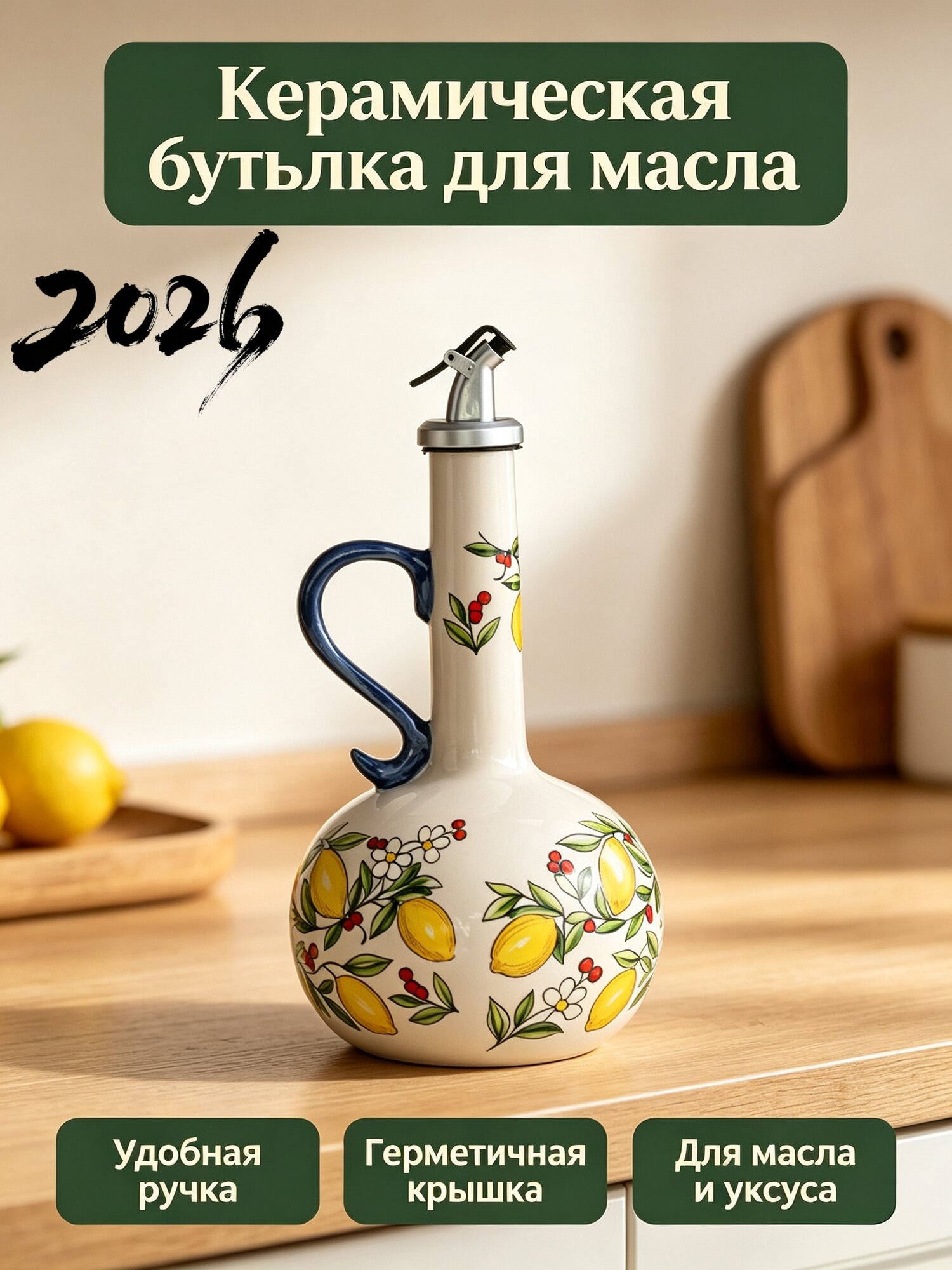Керамическая бутылка для масла с ручкой，кухонная посуда для масла и уксуса，12*25CM，Лимонно-желтый