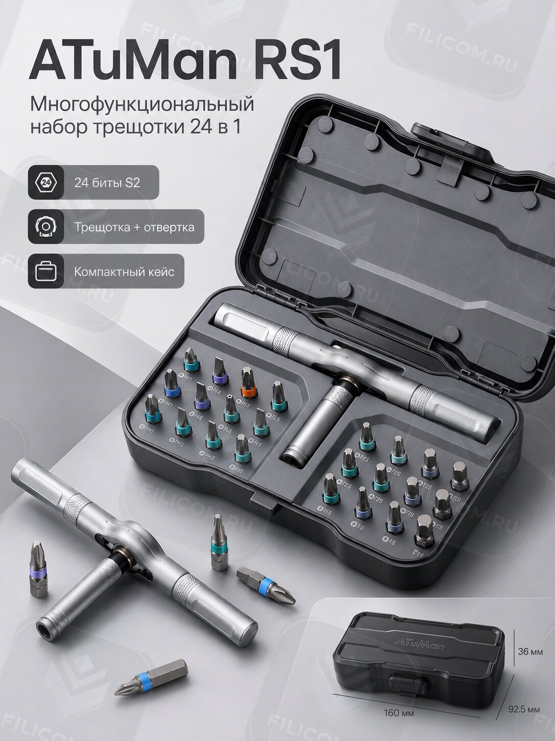 Отвертка с насадками DUKA / AtuMan RS1 Multipurpose Ratchet Screwdriver Set (24 предметов)