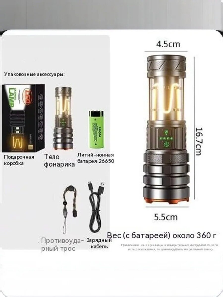 Фонарь ручной мощный с АКБ 26650, Type-C, 12000 люмен, 5 режимов, IP66, серый металлик