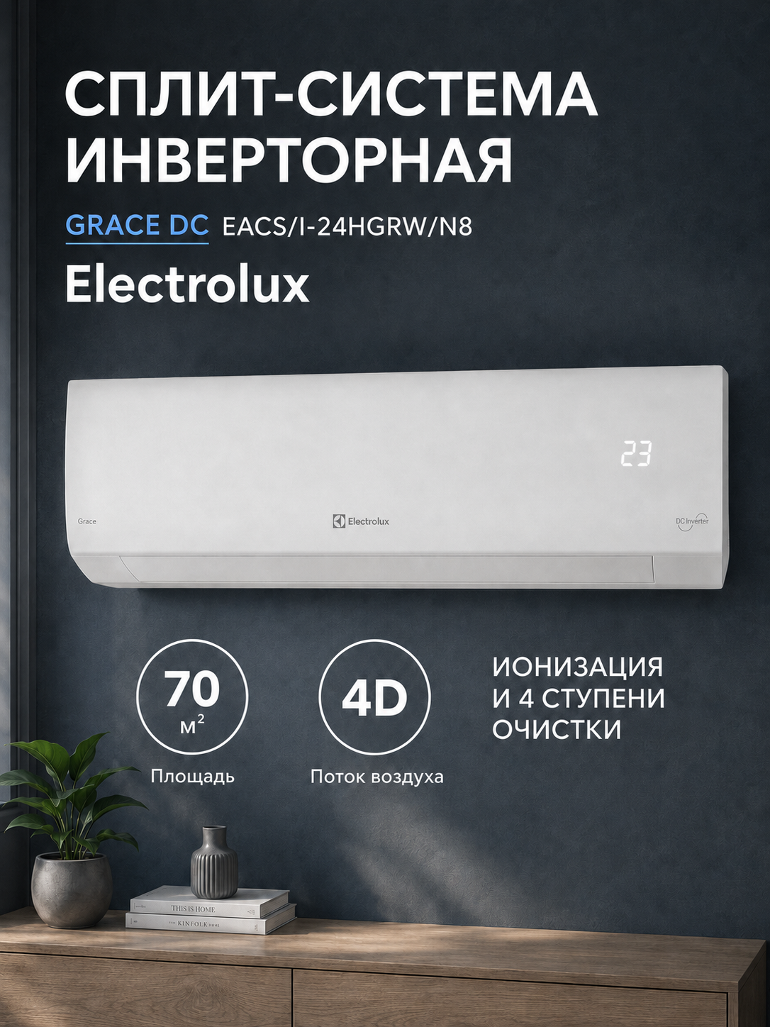 Сплит-система Electrolux Grace DC EACS/I-24HGRW/N8, инверторный кондиционер 24000 BTU, охлаждение и обогрев, комплект