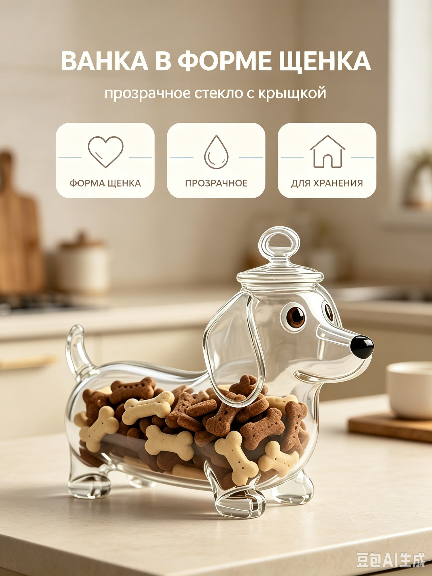 Стеклянная банка в форме щенка для хранения, прозрачная с крышкой, для лакомств и мелочей 8