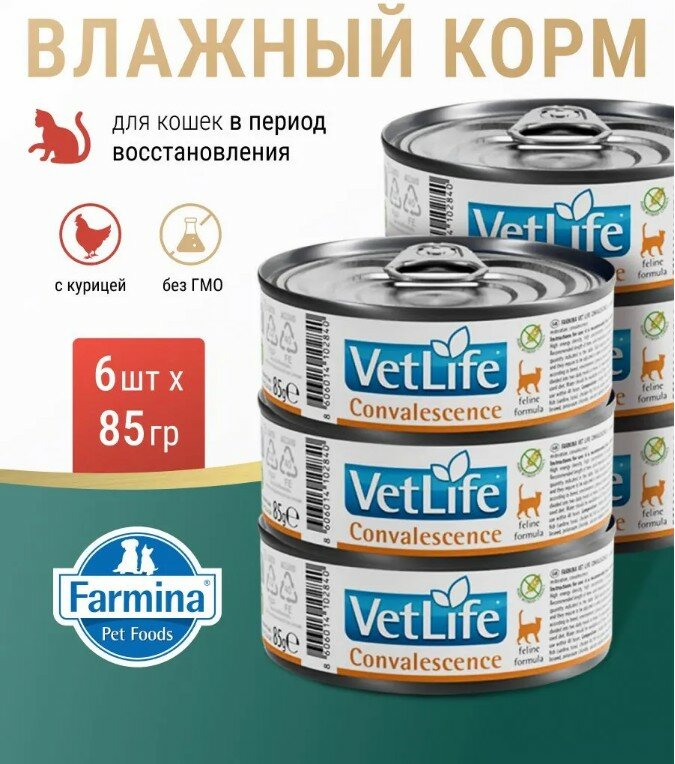 Корм влажный Farmina Vet Life Cat Convalescence, для взрослых кошек, в период восстановления, 510г ( 85г x 6 шт. )