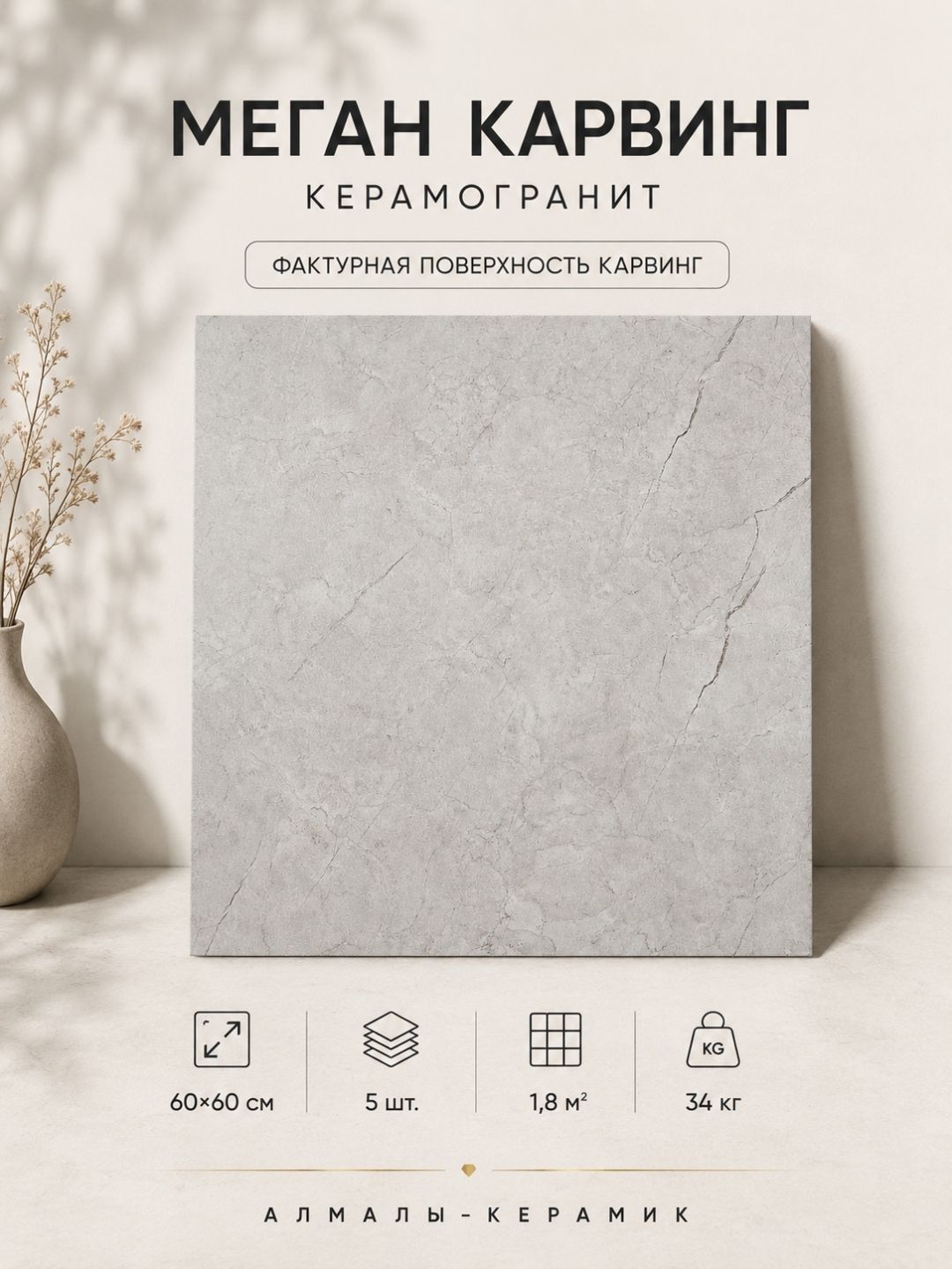 Керамогранит Меган Карвинг 60х60 для пола и стен, 5 шт, 1,8 м