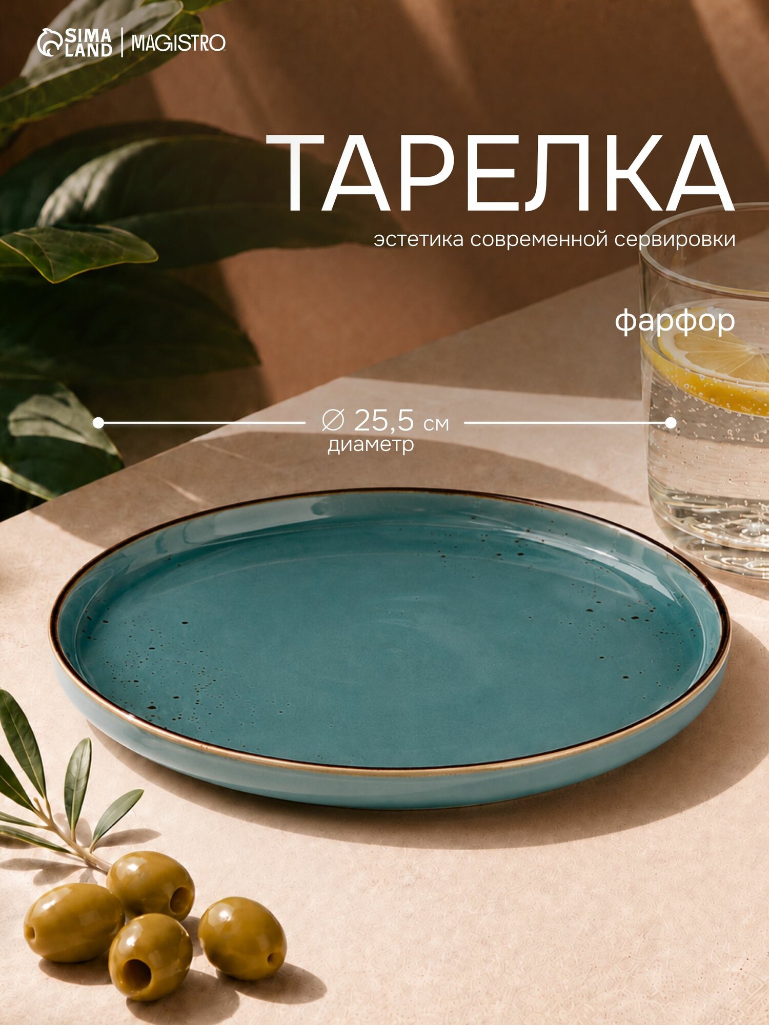 Тарелка обеденная, диаметр 25,5 см с бортиком, Magistro "Церера", фарфоровая, сервировочная, голубая