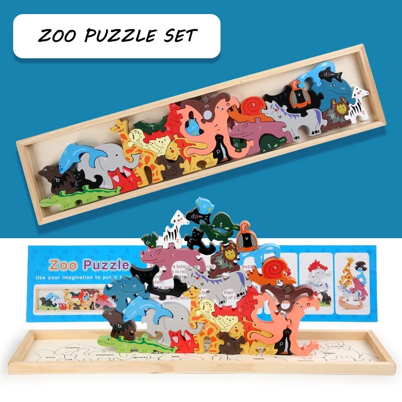 Большие деревянные блоки с животными, сенсорные детские игрушки Монтессори, соответствующие форме, баланс, штабелируемые игры, мелкая моторика, мышление, развивающие игрушки