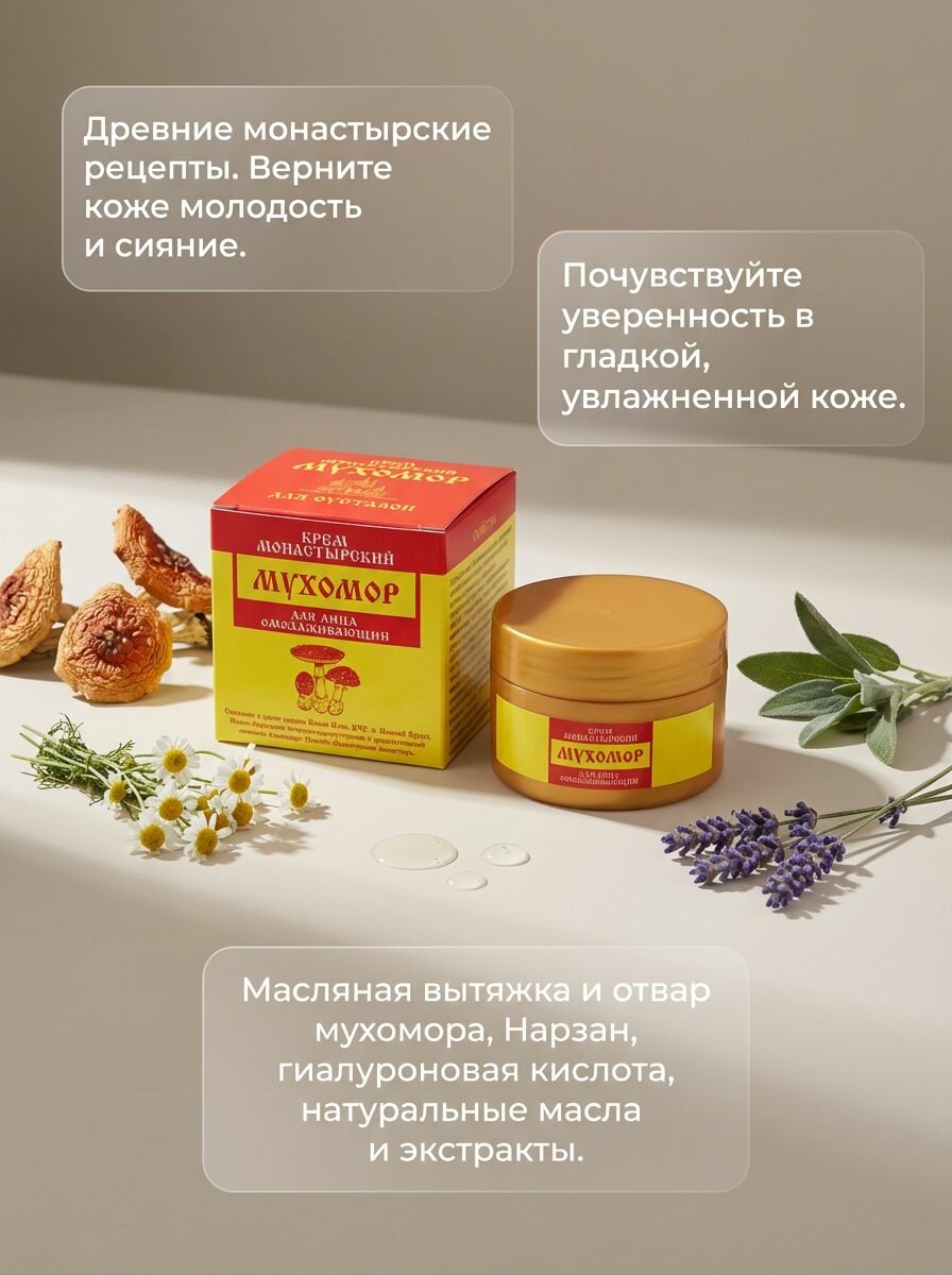 Крем для лица Омолаживающий монастырский Архыз с мухомором и гиалуроновой кислотой, 50 мл