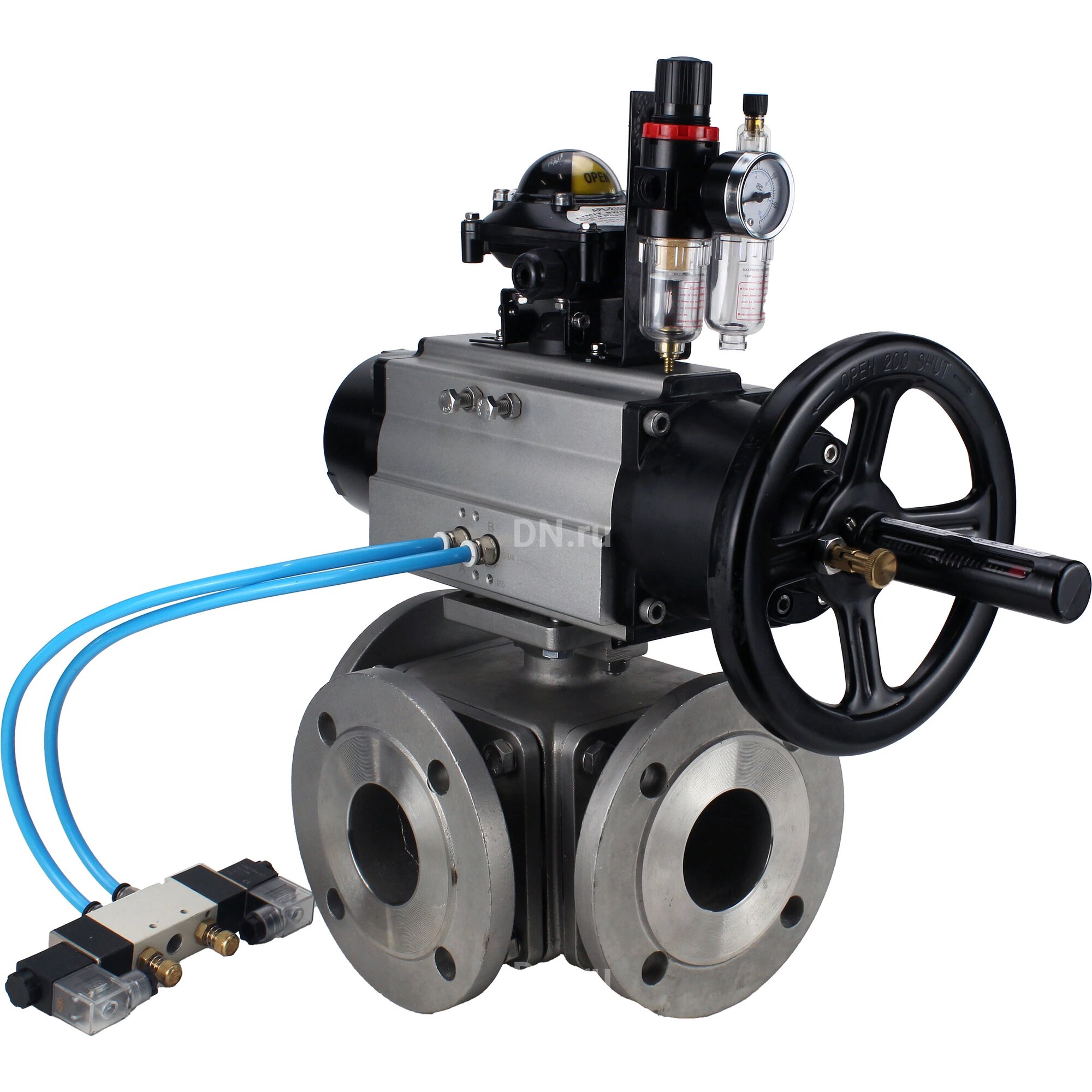 Кран шаровой DN.ru 316-316-PTFE Ду100 Ру16 полнопроходной, тип L, фланцевый, корпус нержавеющая сталь SS316, ISO-фланец F10/F12, квадрат 19х19, с пневмоприводом PA-DA-105-1, пневмораспределителем PND1-S2EM-52-2-T10-220VAC 220В, БКВ LSB-210 и БПВ
