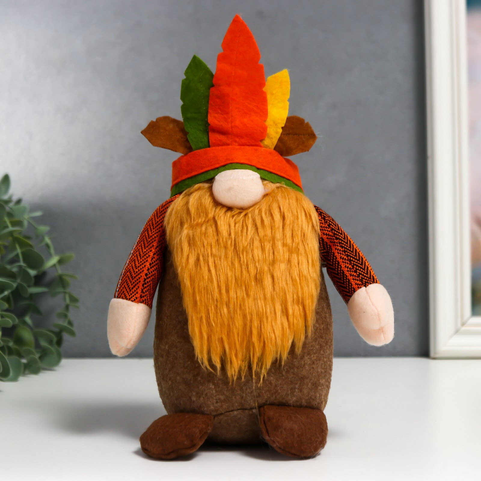 Кукла интерьерная текстильная "Гном-индеец", 25x7x9 см, особенности куклы: без особенностей