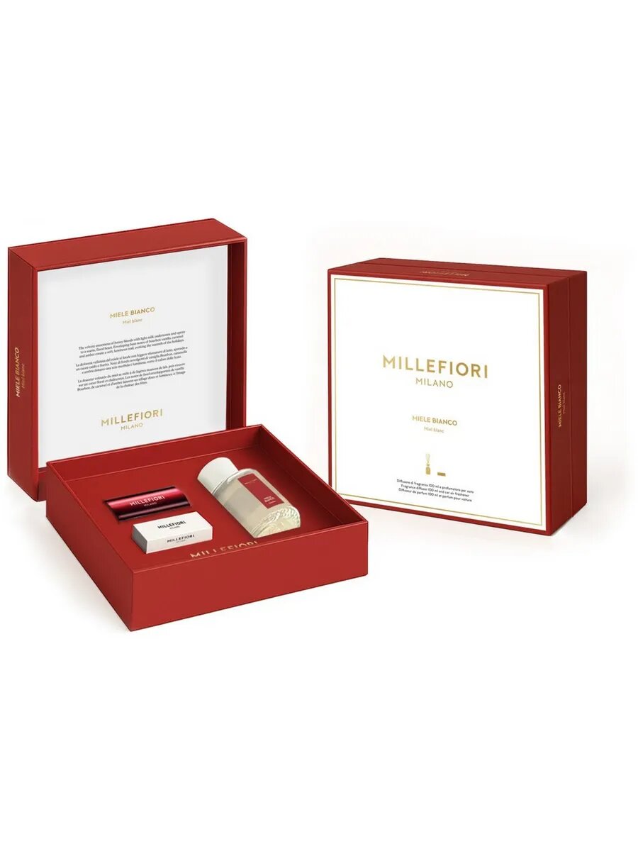 Millefiori Milano / Подарочный набор (Диффузор с палочками 100 мл. и Ароматизатор в авто) Белый мед / Miele Bianco
