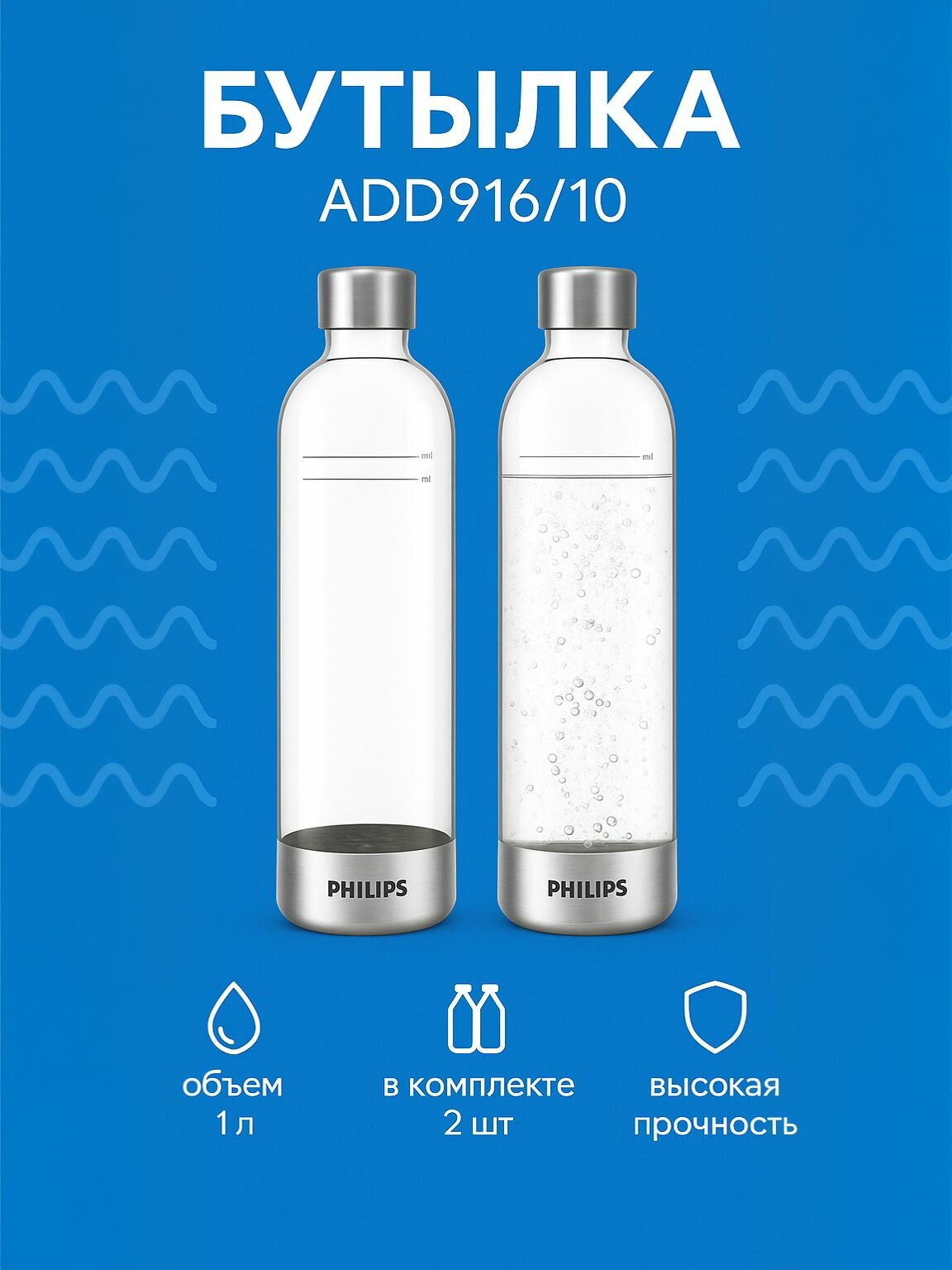 Бутылка для газирования Philips ADD916/10, Объем 1л 2шт (4897099305477)