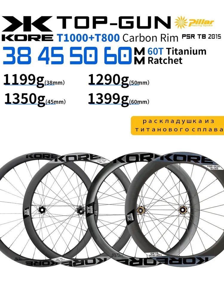 Колесный комплект KORE из углеродного волокна ультралегкий для шоссейных велосипедов 700c*60, 24 отверстия