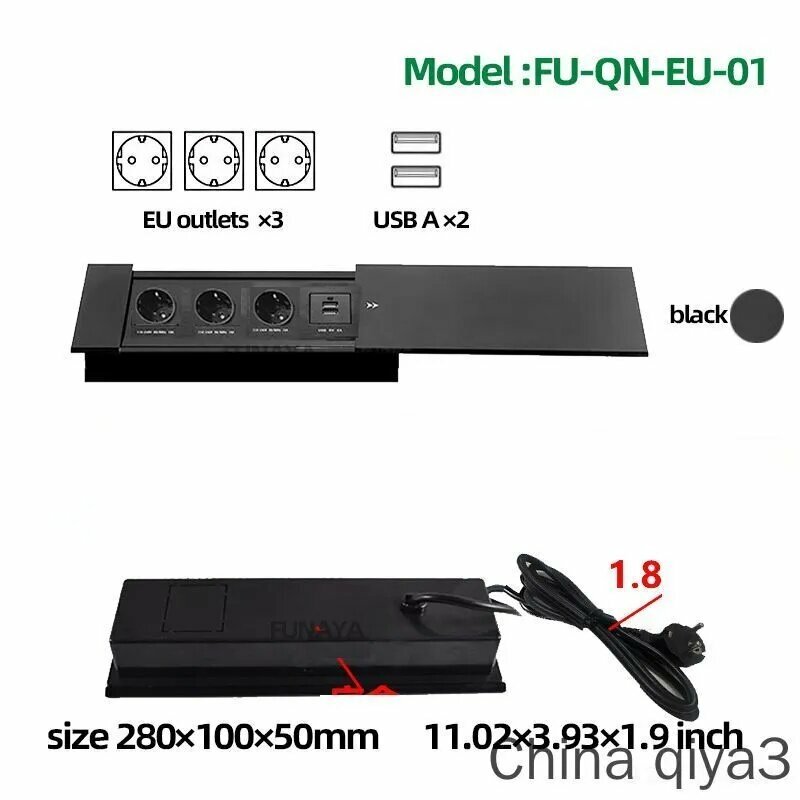 Выдвижная встраиваемая розетка, горизонтальная, на 3 розетки и 2 USB, черный, сдвижная крышка, с кабелем 1.8 м с вилкой, врезной блок, удлинитель для кухни и офиса