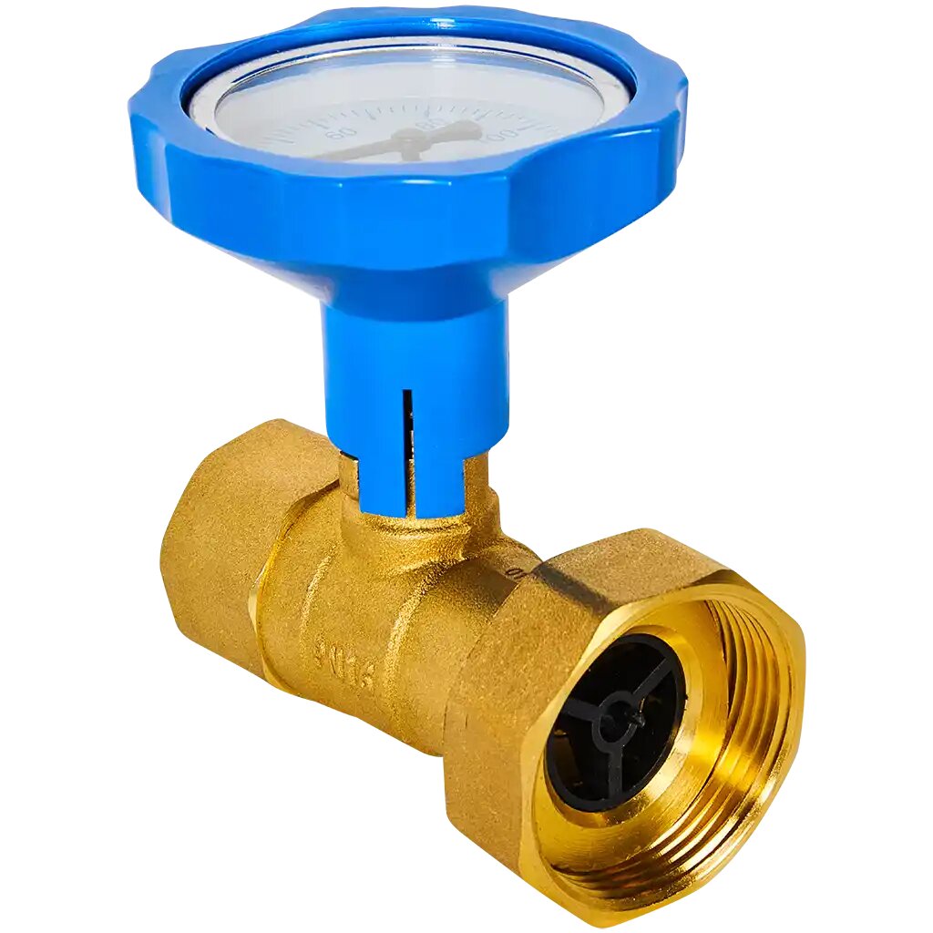 Клапан запорный ROMMER 1" х 1" 1/2 ВР с накидной гайкой и обратным клапаном, латунь, синяя ручка