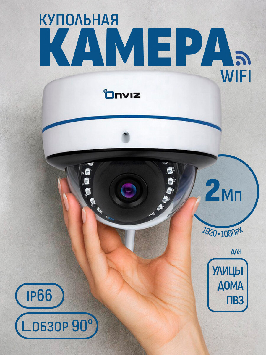 Купольная IP камера видеонаблюдения 2 Мп WiFi OnvizU75 с микрофоном, датчиком движения, с ИК подсветкой, ночная съемка