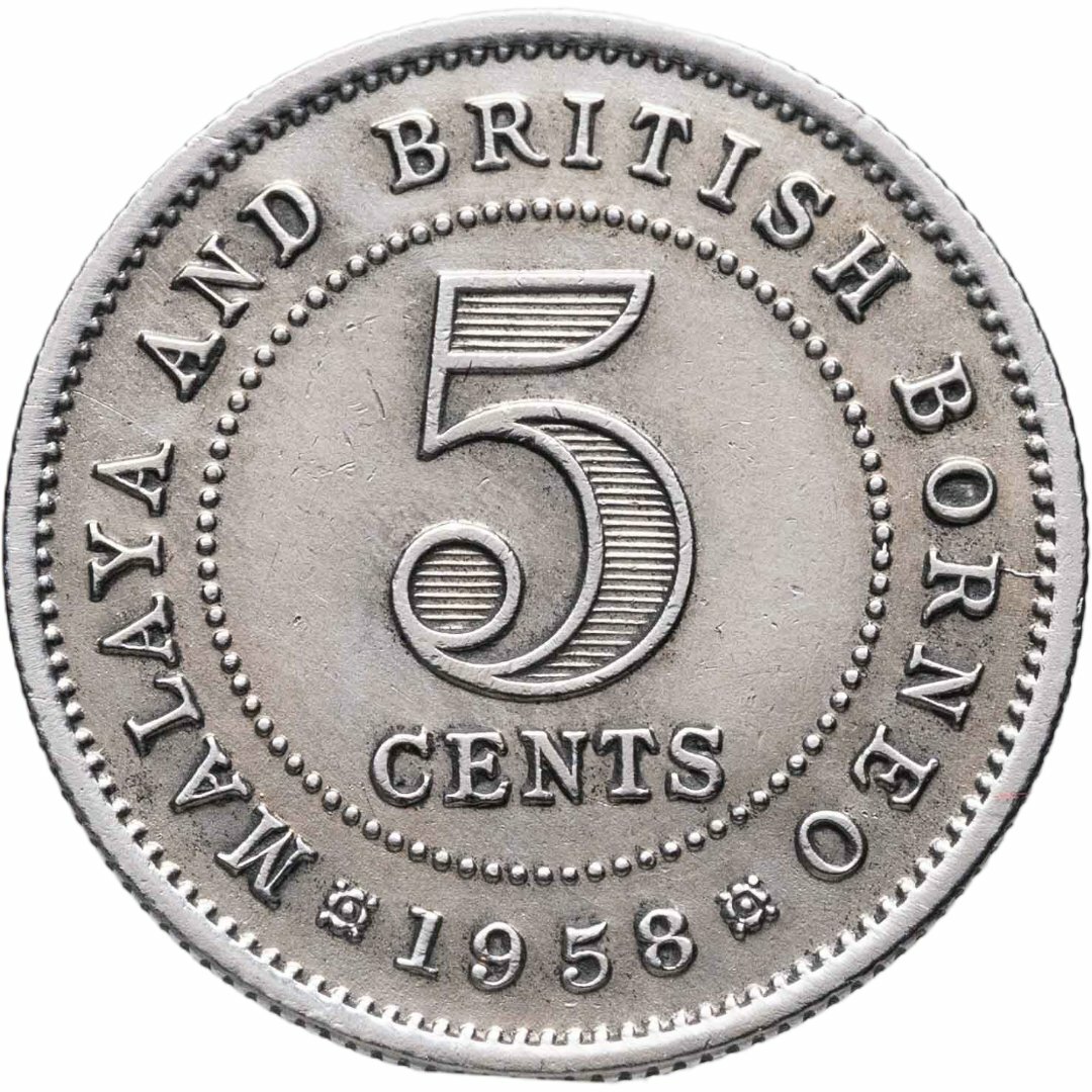 Малайя и Британское Борнео 5 центов cents 1958 Без отметки монетного двора, Мельхиор медь-никель, в сохранности XF