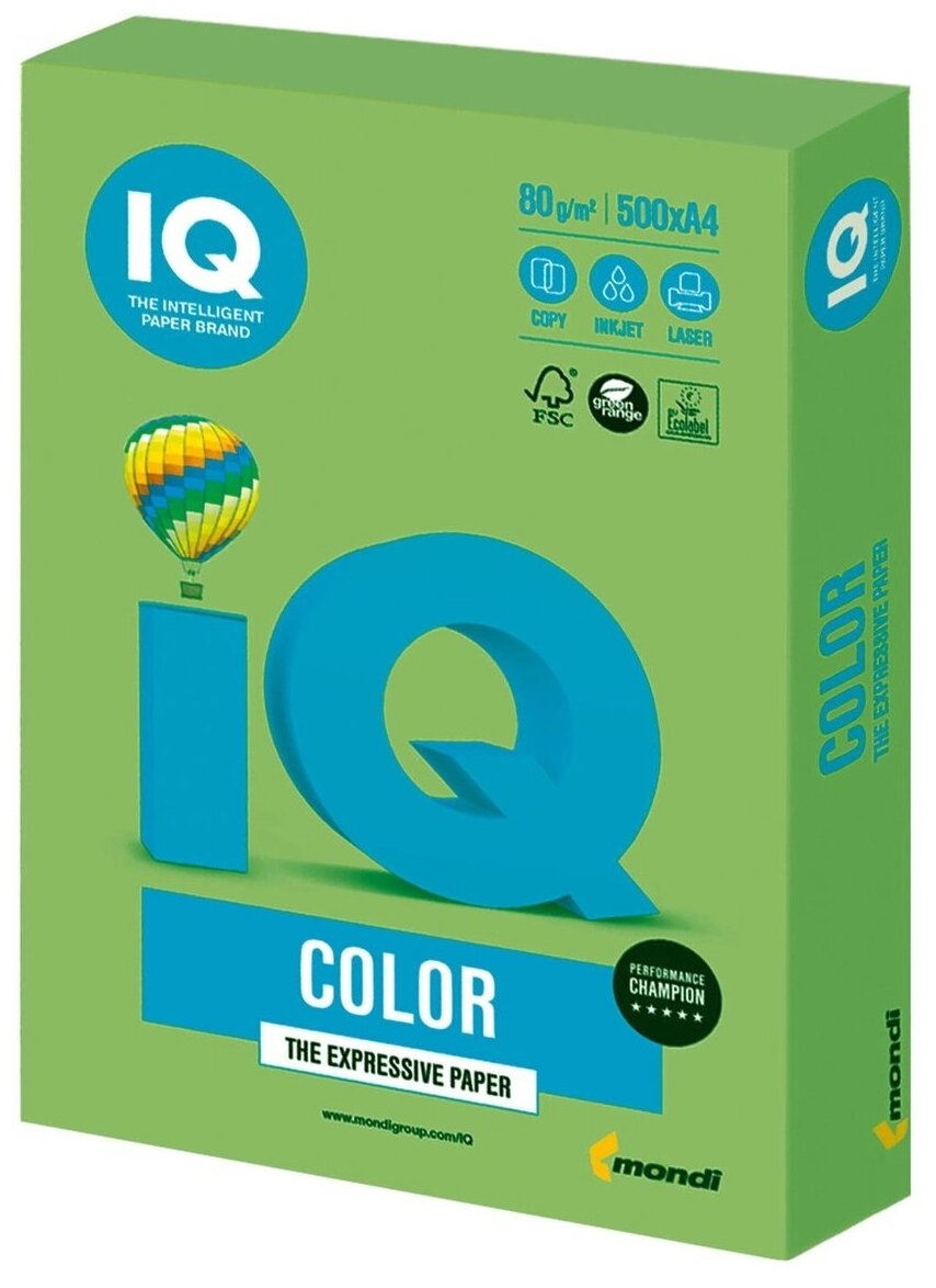 Бумага цветная IQ color, А4, 80 г/м2, 500 л, интенсив, зеленая липа, LG46 S110761