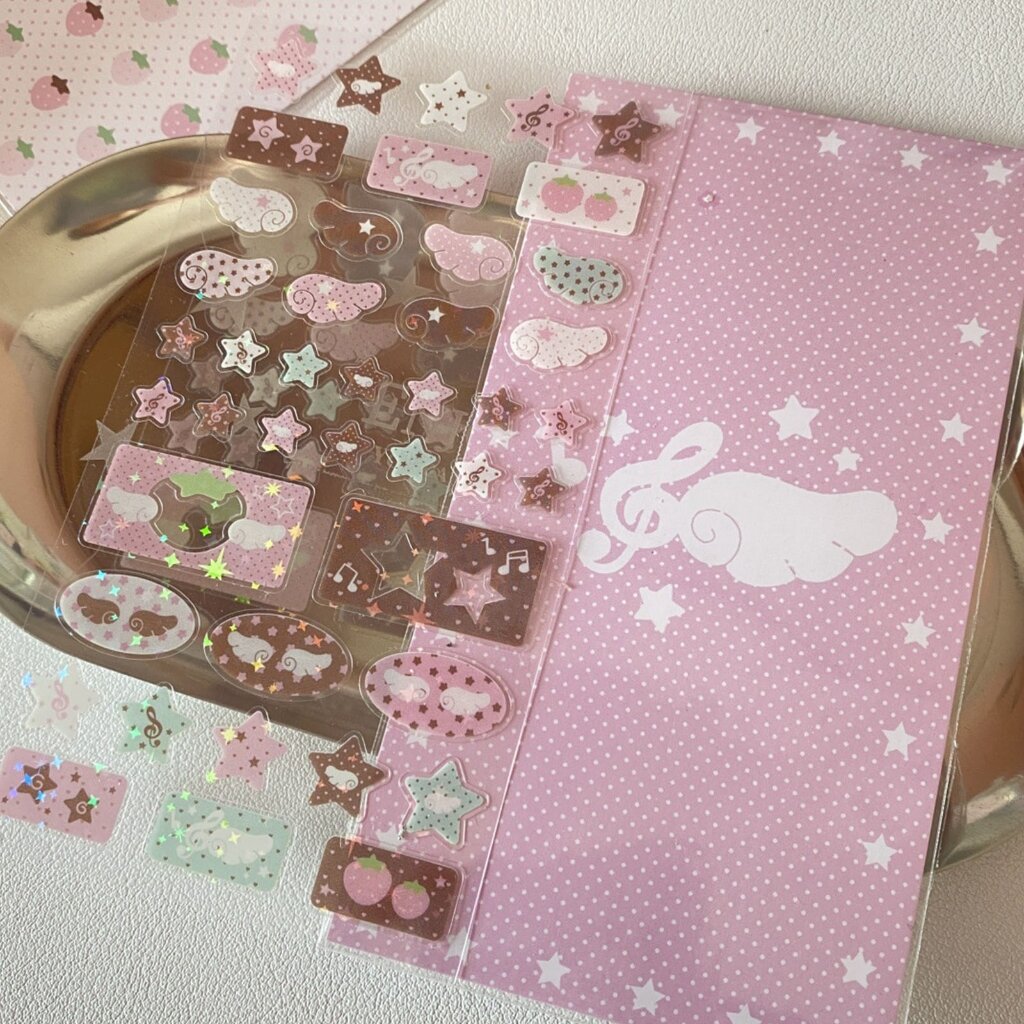 Розово-коричневые музыкальные ноты, клубничные звезды, мигающая пленка, наклейки goka, корейская версия наклеек для украшения чехла мобильного телефона- 04