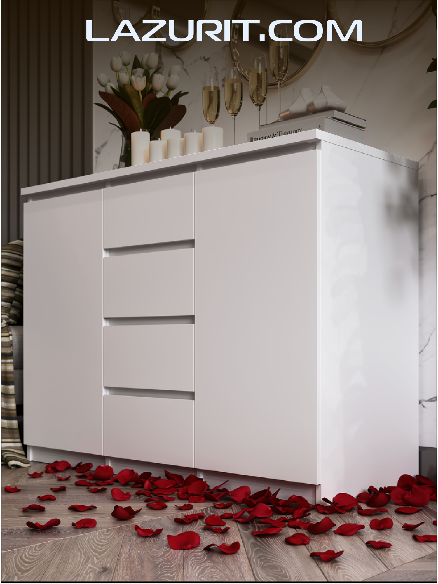 Комод для одежды большой Lazurit Sven с ящиками и полками белый в прихожую спальню высокий под телевизор 120,6х50,4х91,5