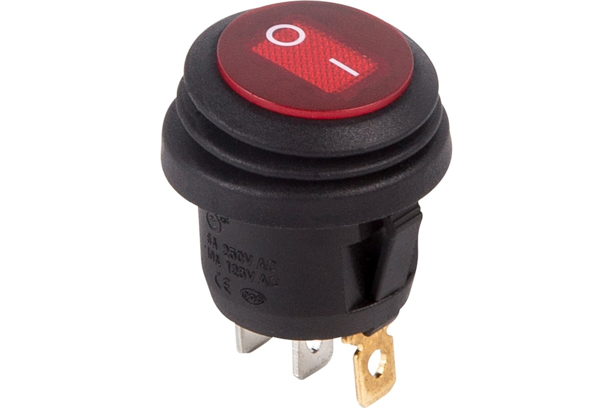 Круглый выключатель клавишный Rexant ON-OFF красный с подсветкой (250В 6А (3c)) влагозащита {36-2595}