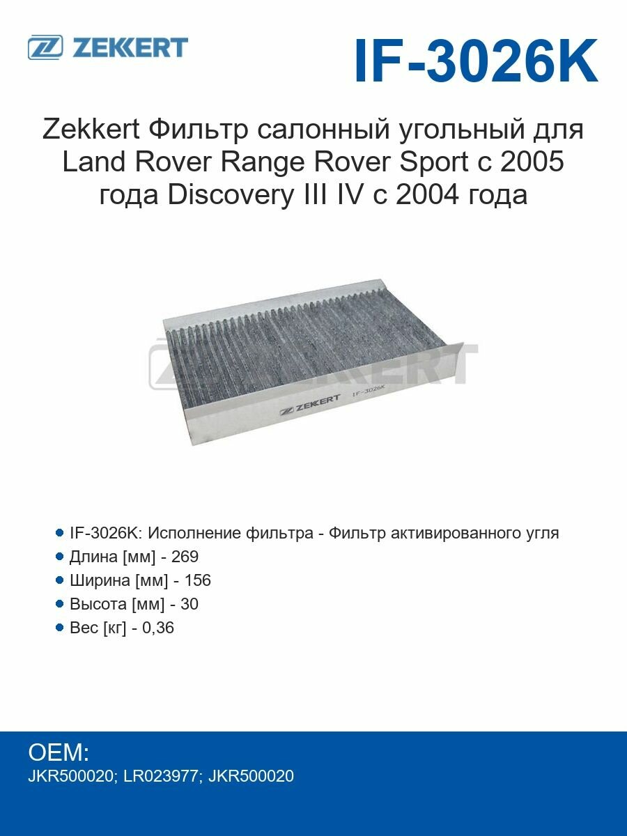 Zekkert Фильтр салонный угольный для Land Rover Range Rover Sport с 2005 года Discovery III IV с 2004 года