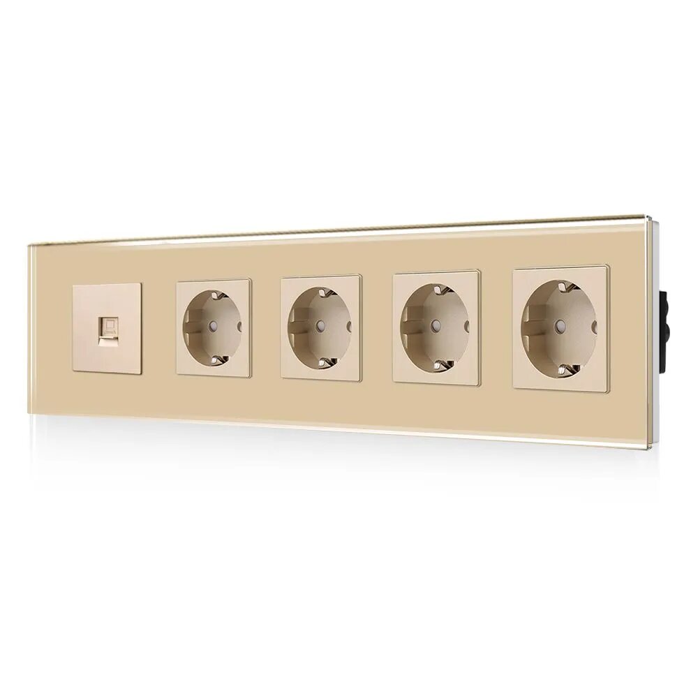 Розетка электрическая 5 поста 220В +Розетка RJ-45 CAT6 Ethernet золотая Стекло