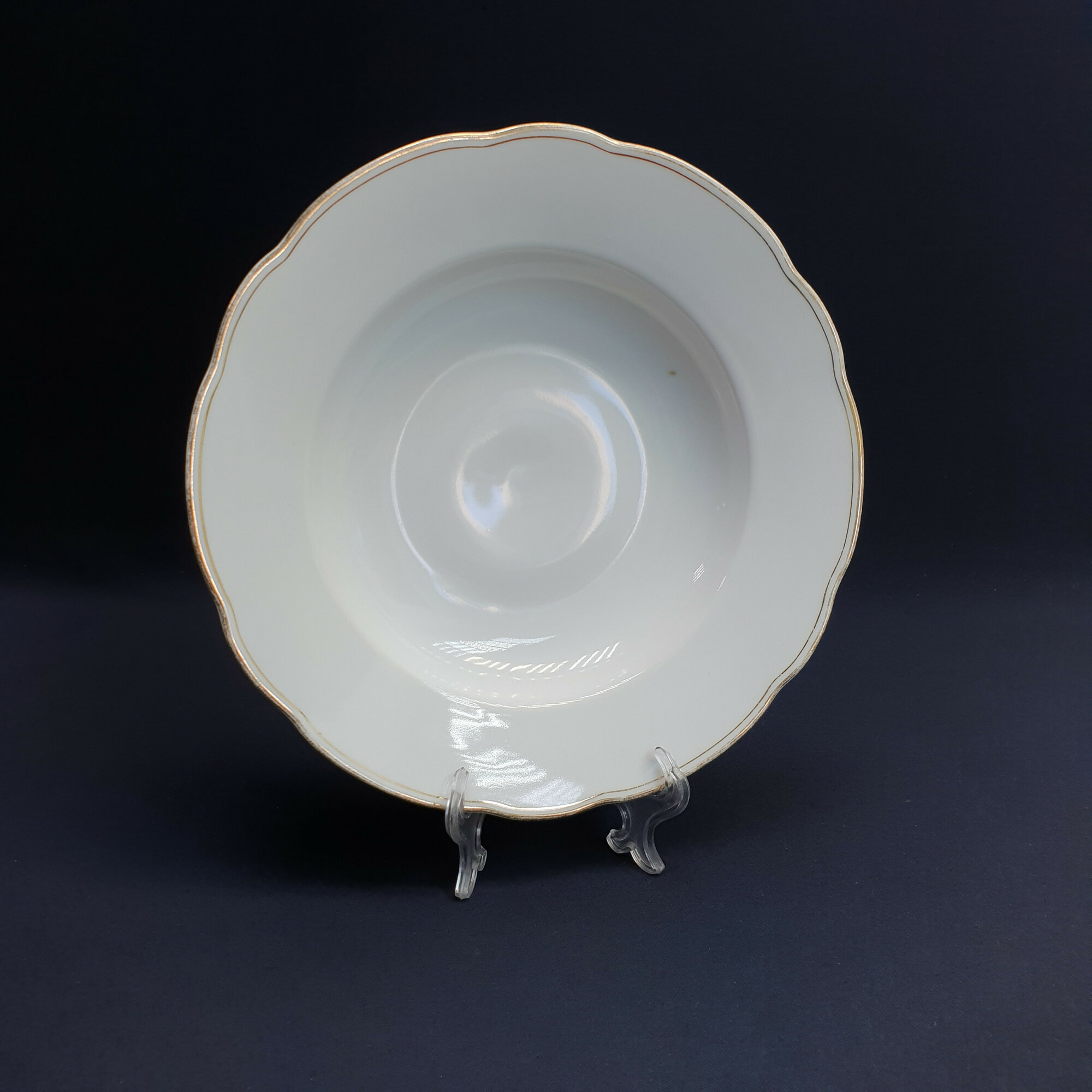 Суповая тарелка MZ, фарфор деколь позолота 235 мм, потертости, винтаж Чехословакия