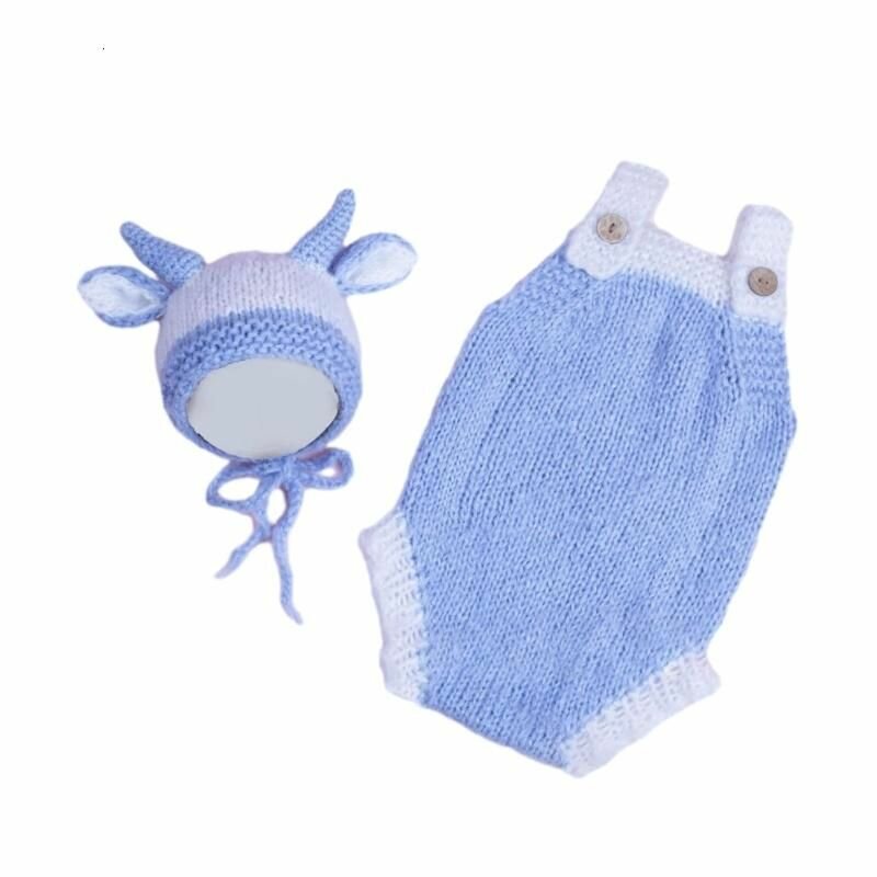 Детский вязаный костюм для фото, Небесно-голубой - шляпная одежда