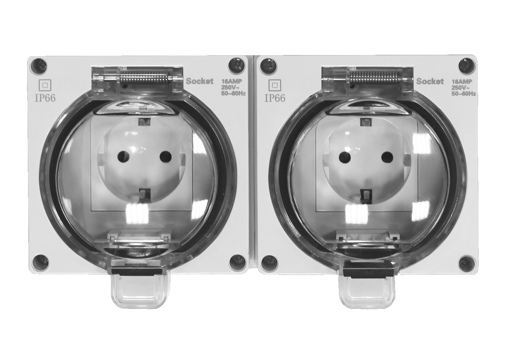 Розетка накладного монтажа с заземлением, с защитными шторками, двойная, 16А 250В IP66, цвет серый, серия DIP66 Donel
