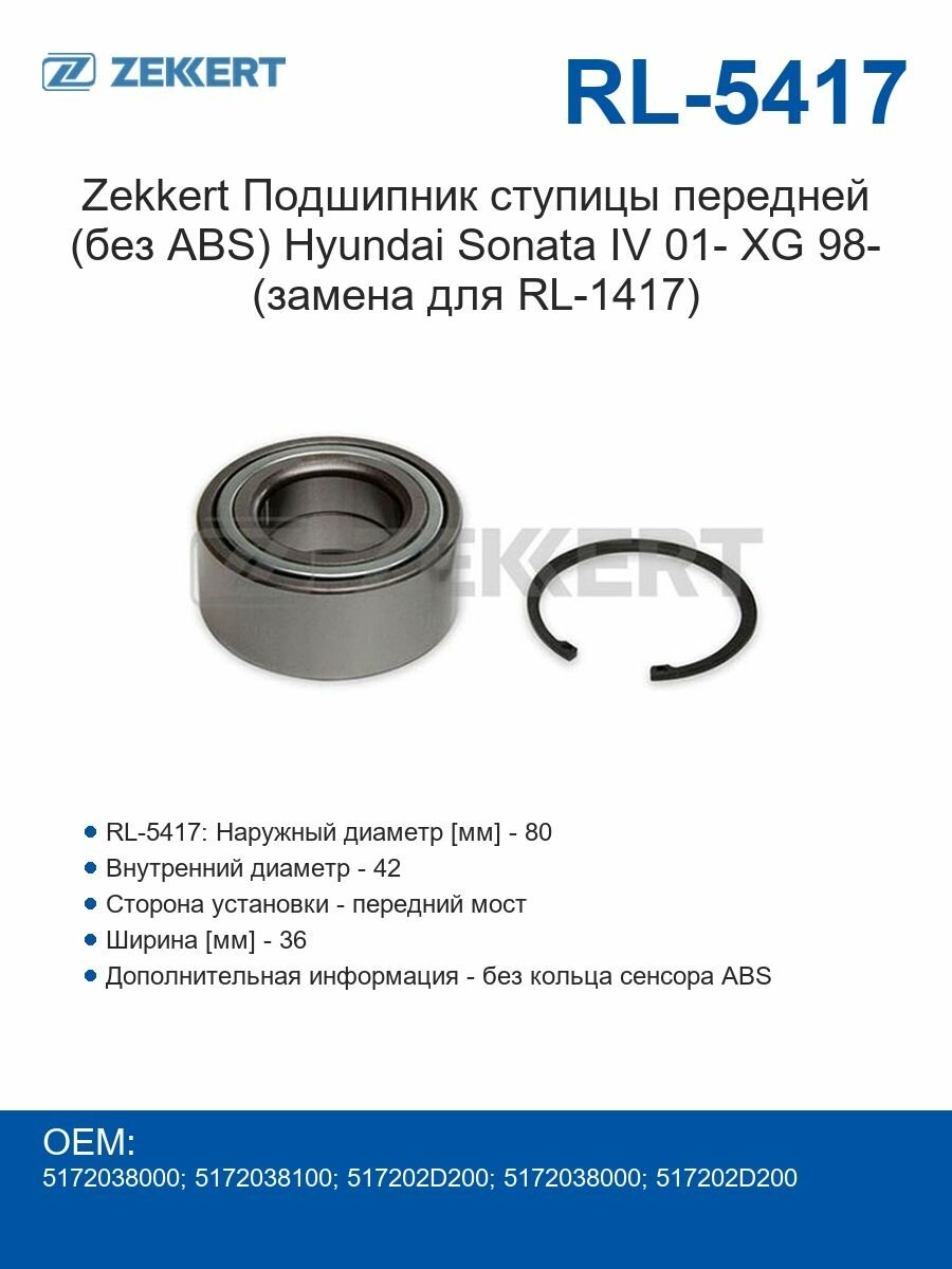 Zekkert Подшипник ступицы передней (без ABS) Hyundai Sonata IV 01- XG 98- (замена для RL-1417)