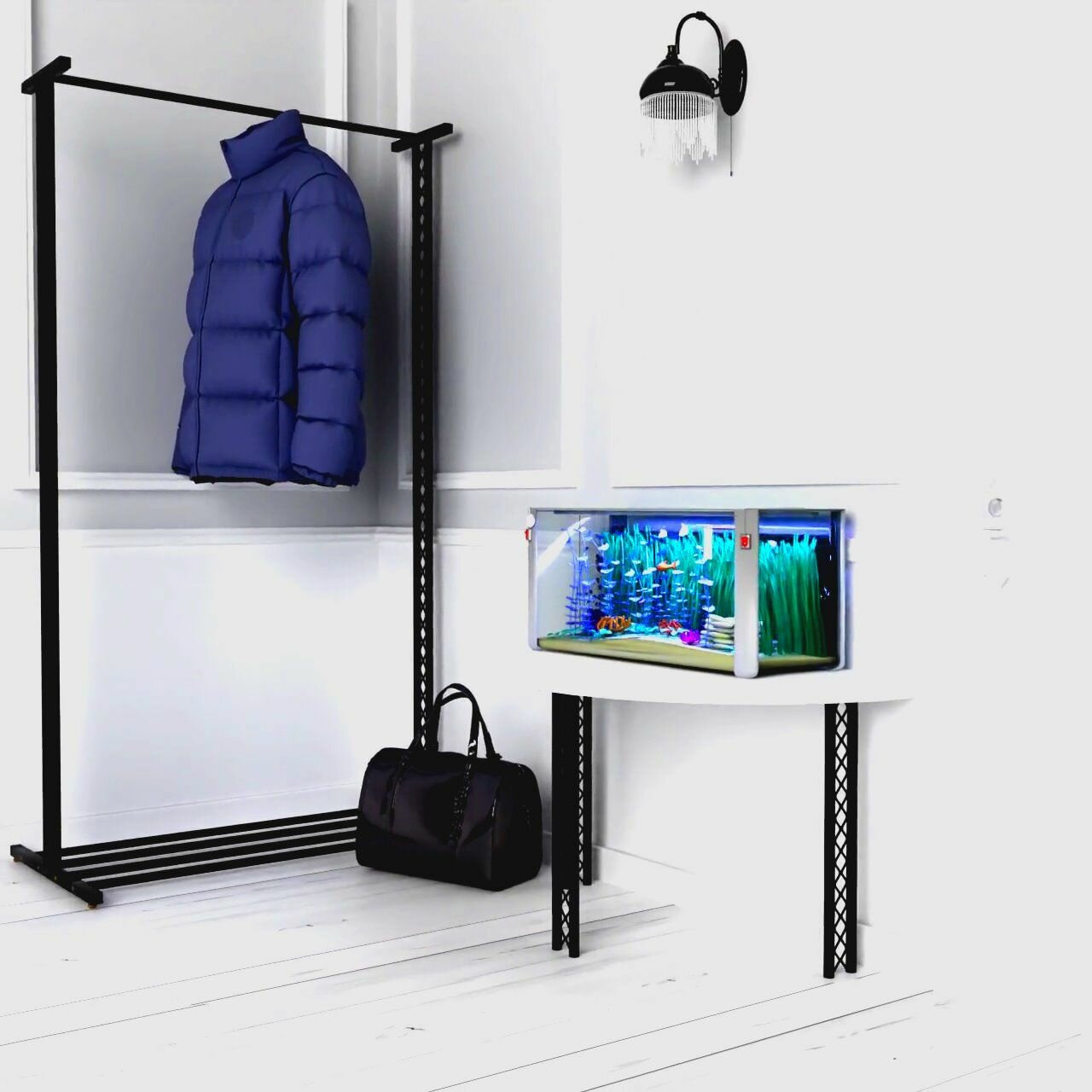 Ажурная вешалка напольная для одежды металлическая 180*60*50см. Черный глянец. Рейл для одежды, лофт. Ажур 2 RAM