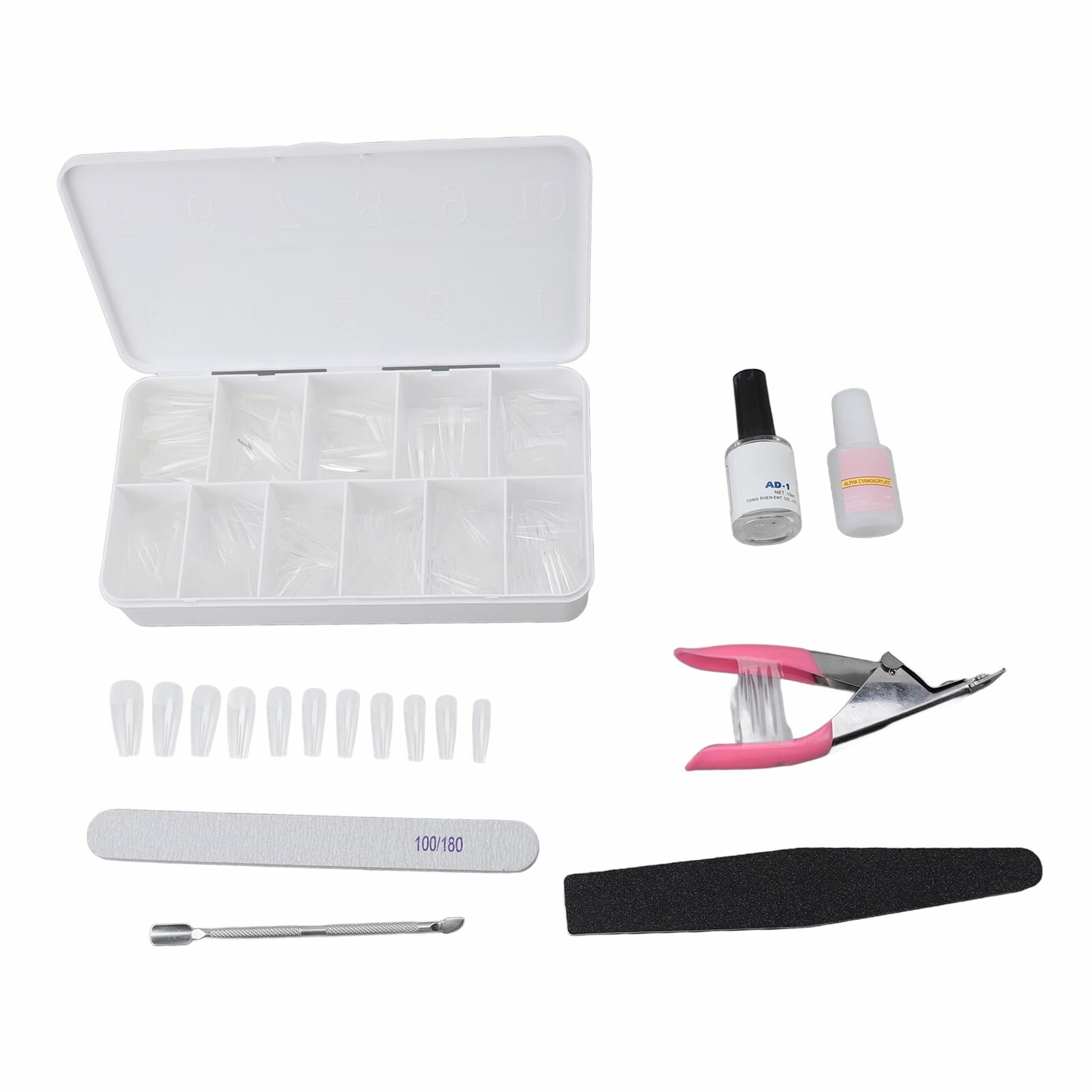 550 прозрачных типсов Coffin: набор с клеем, буфером, пилкой, щипчиками, толкателем кутикулы