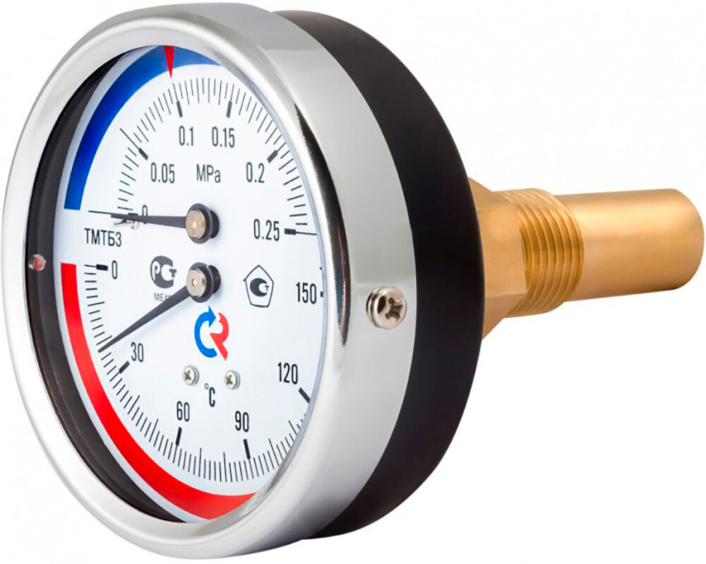 Термоманометр Росма ТМТБ-31Т.2 (0-150°C) (0-1MПa) G1/2 2,5, корпус 80мм, тип - ТМТБ-31T.2, длина клапана 64мм, до 150°С, осевое присоединение, 0-1MПa, резьба G1/2, класс точности 2.5