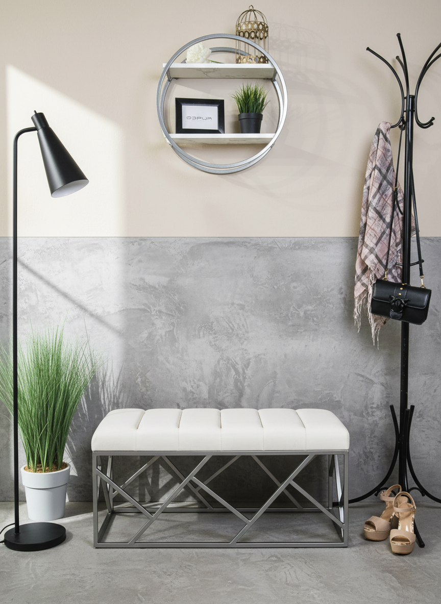 Банкетка в прихожую, гостиную, спальню, металлическая, скамья стильная интерьерная современная в тамбур веранду коридор