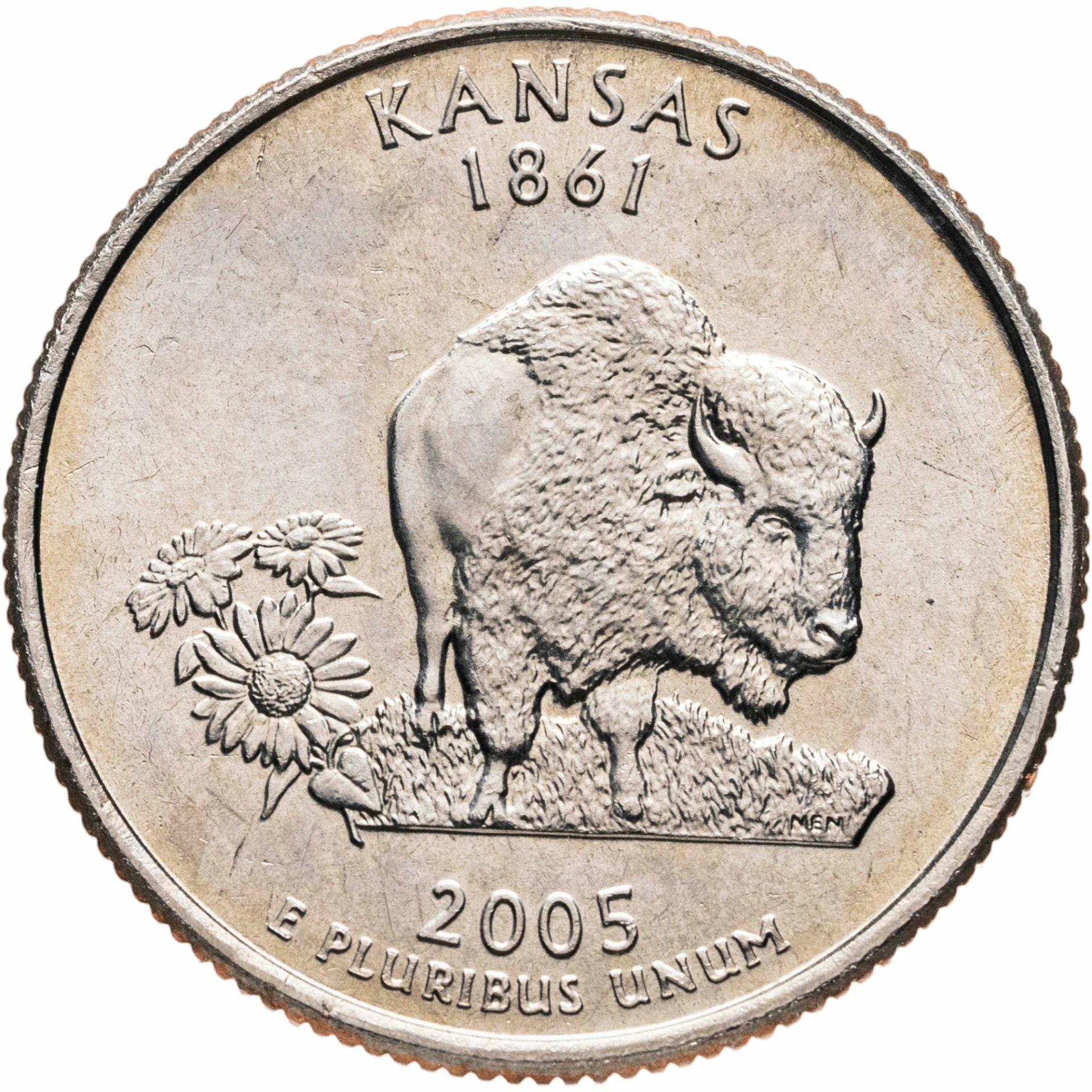 США 1/4 доллара квотер, 25 центов 2005 "Штат Канзас", знак монетного двора "P" - Филадельфия, Медь, в сохранности UNC