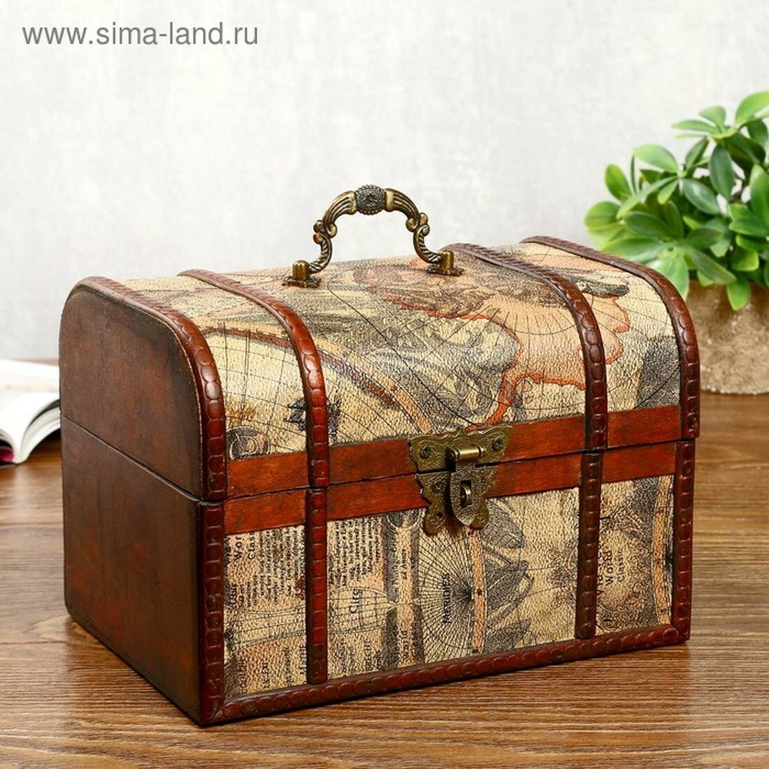 Шкатулка для украшений «Сундучок. Карта путешественника», дерево, состаренная, 15×22×15.5 см, микс