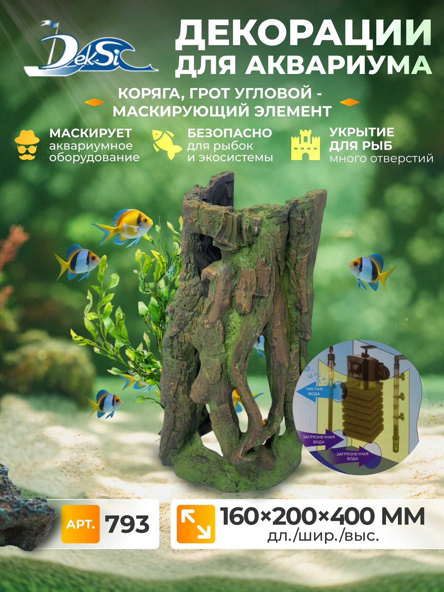 Декорация для аквариума и террариума Коряга, Грот DEKSI маскирующий элемент для фильтра, арт. №793