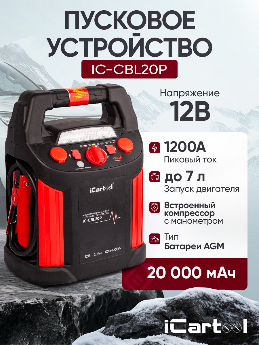 Пусковое устройство для автомобиля 12В, 20 000 мАч, 600/1200А iCartool IC-CBL20P