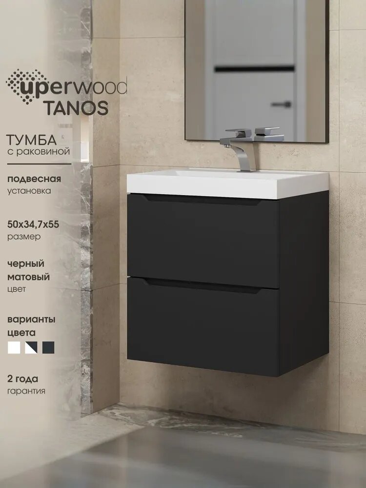 Тумба с раковиной для ванной подвесная Uperwood Tanos 50 см, черная матовая